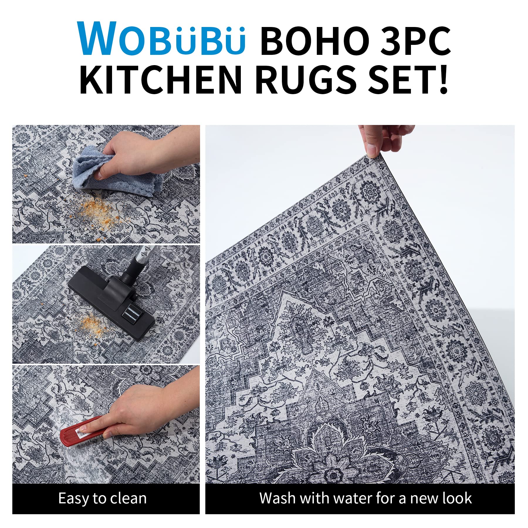 WOBUBU Kitchen Rugs Sets of 3 Washable Kitchen Mats for Floor 3 Piece Kitchen Rug Set Non Slip Kitchen Runner Carpets for Laundry Room Entryway Grey