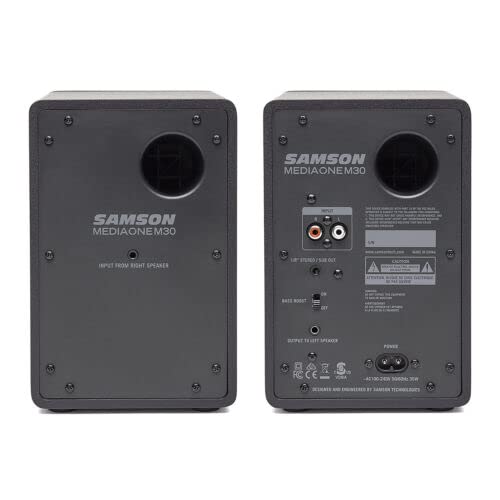 Samson SAM30 3-Inch Powered Studio Monitors Pair Featuring Polypropylene Woofer and 3/4-inch Silk-Dome Tweeter in MDF with Textured Vinyl Covering (Black)