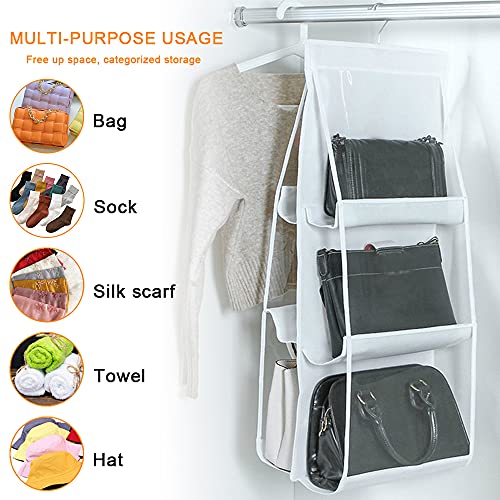 SNOMEL 2 Pack Hanging Purse Handbag Storage Organizer, 6 Pockets Thick & Soft Fabric Handbag Holder for Closet, Foldable Bag Collection Hanger for Wardrobe Shelf (Black & White)