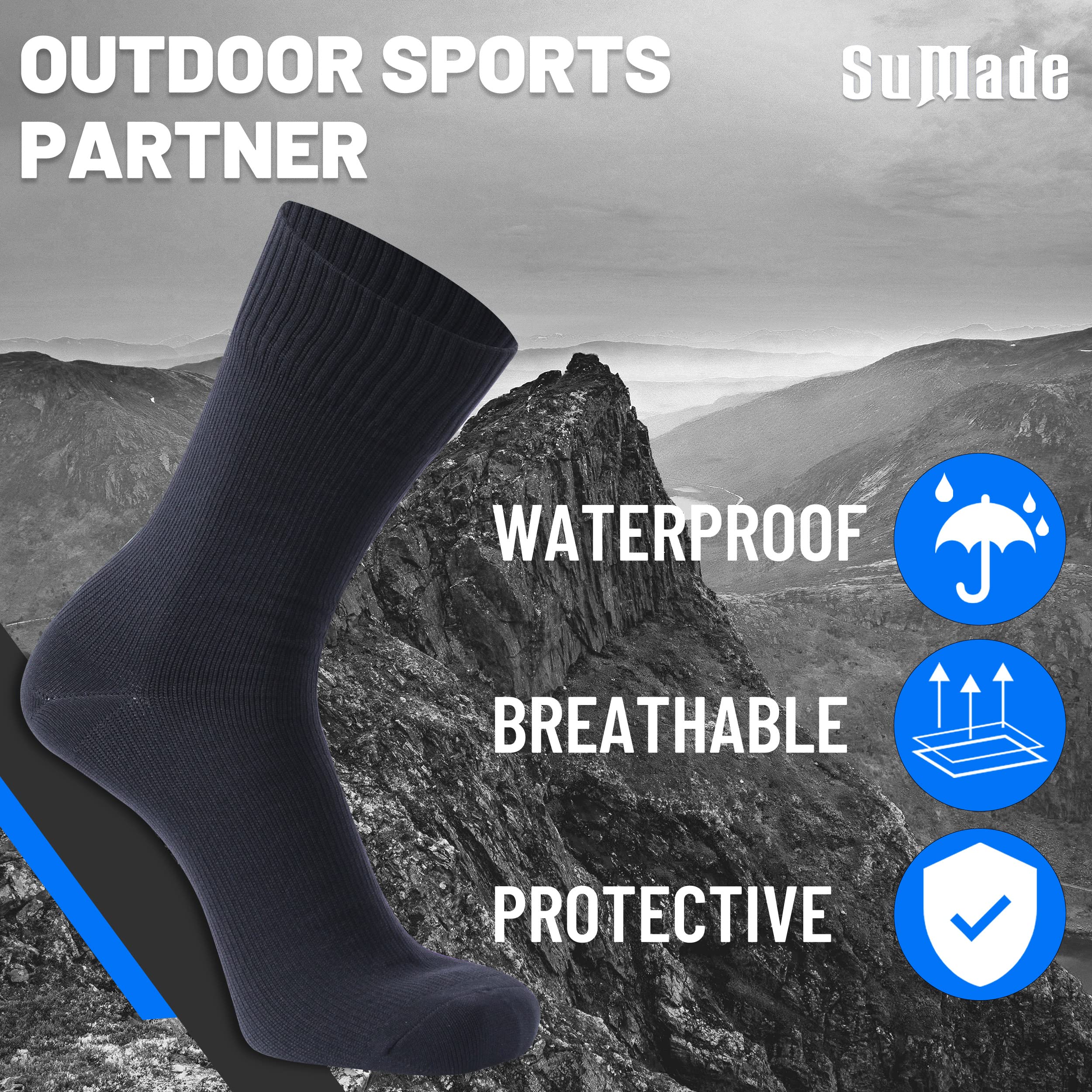 SuMade Waterproof Socks,Womens Mens Novelty Breathable Outdoor Recreation Performance Hiking Running Dry Fit Neoprene Crew Socks for Tall Boots 1 Pair (Black,Small)