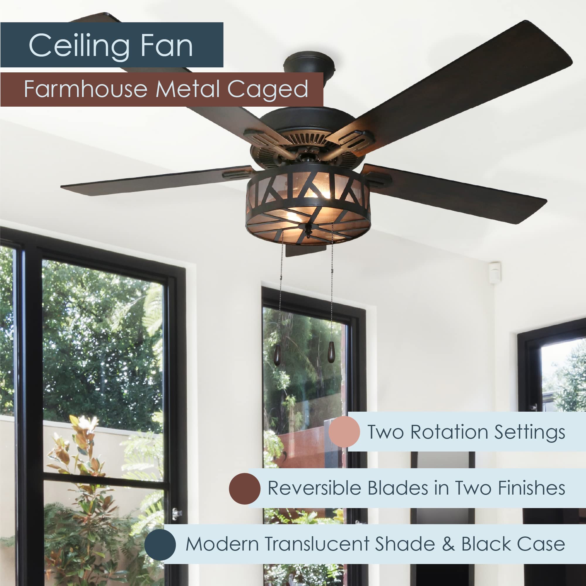 RIVER OF GOODS 52 Inch LED Modern Farmhouse Ceiling Fan with Light - Elegant Rustic Cabin Ceiling Fans with Lights - Metal Drum Shade - Oil-Rubbed Bronze