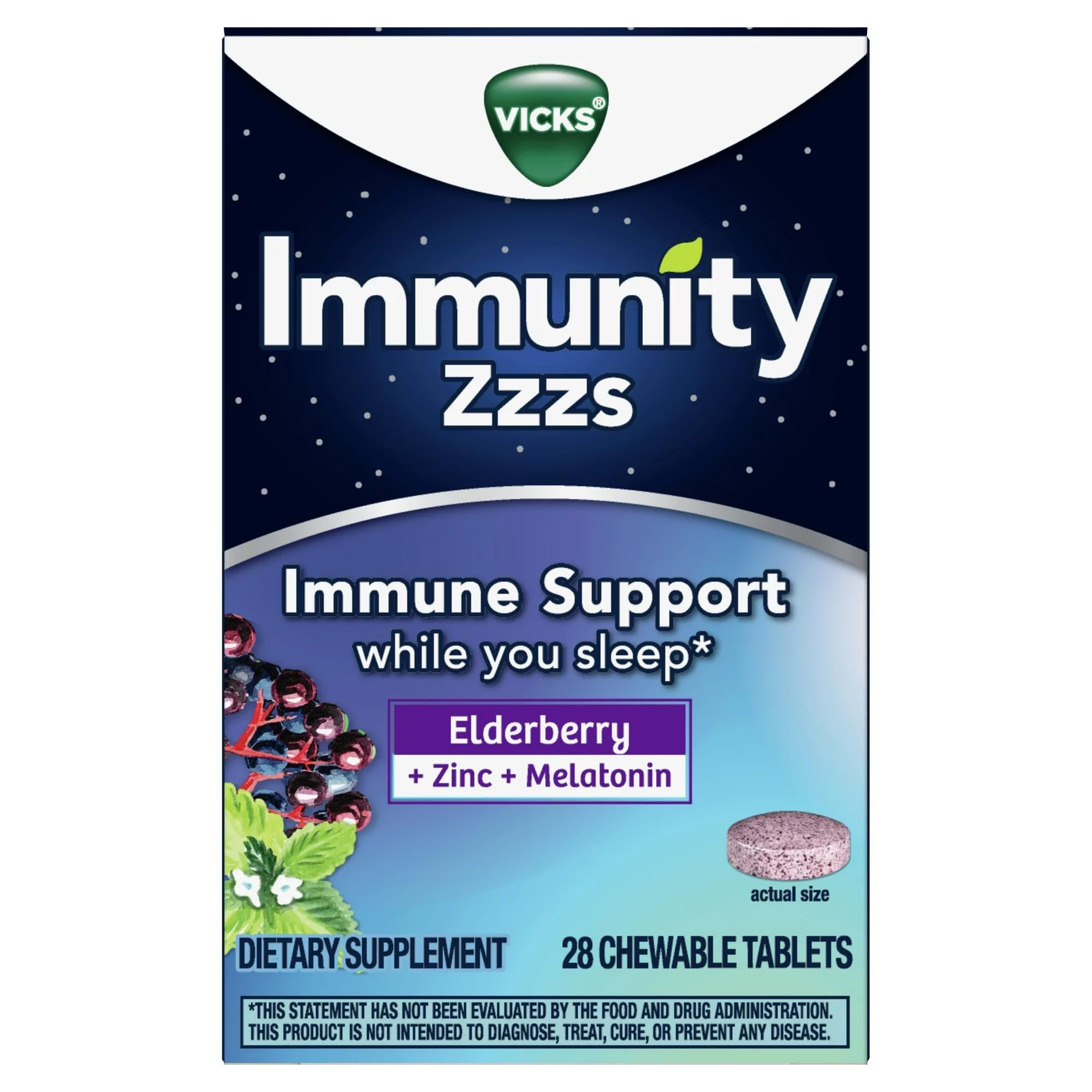 Vicks Immunity ZZZs, Elderberry, Melatonin, and Antioxidant Zinc, Immune Support, Naturally Fall Asleep, 28 Chewable Tablets (chewables, 28)