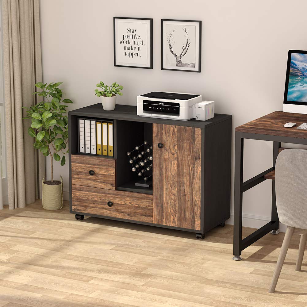 Tribesigns File Cabinet, Lateral Mobile Filing Cabinets with 2 Drawer Large Rolling Printer Stand with Wheels, Open Storage Shelves and Door for Home Office