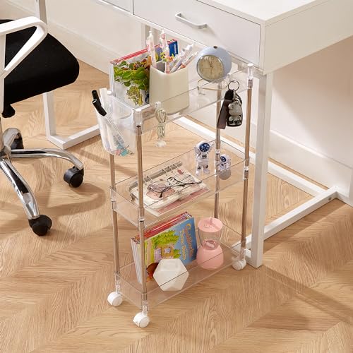 VECELO 3-Tier Clear Rolling Storage Cart,Acrylic Bathroom Utility Cart Kitchen Storage Organizers,Mobile Carts with 2 Lockable Wheels&Hooks for Livingroom Office Home,Clear