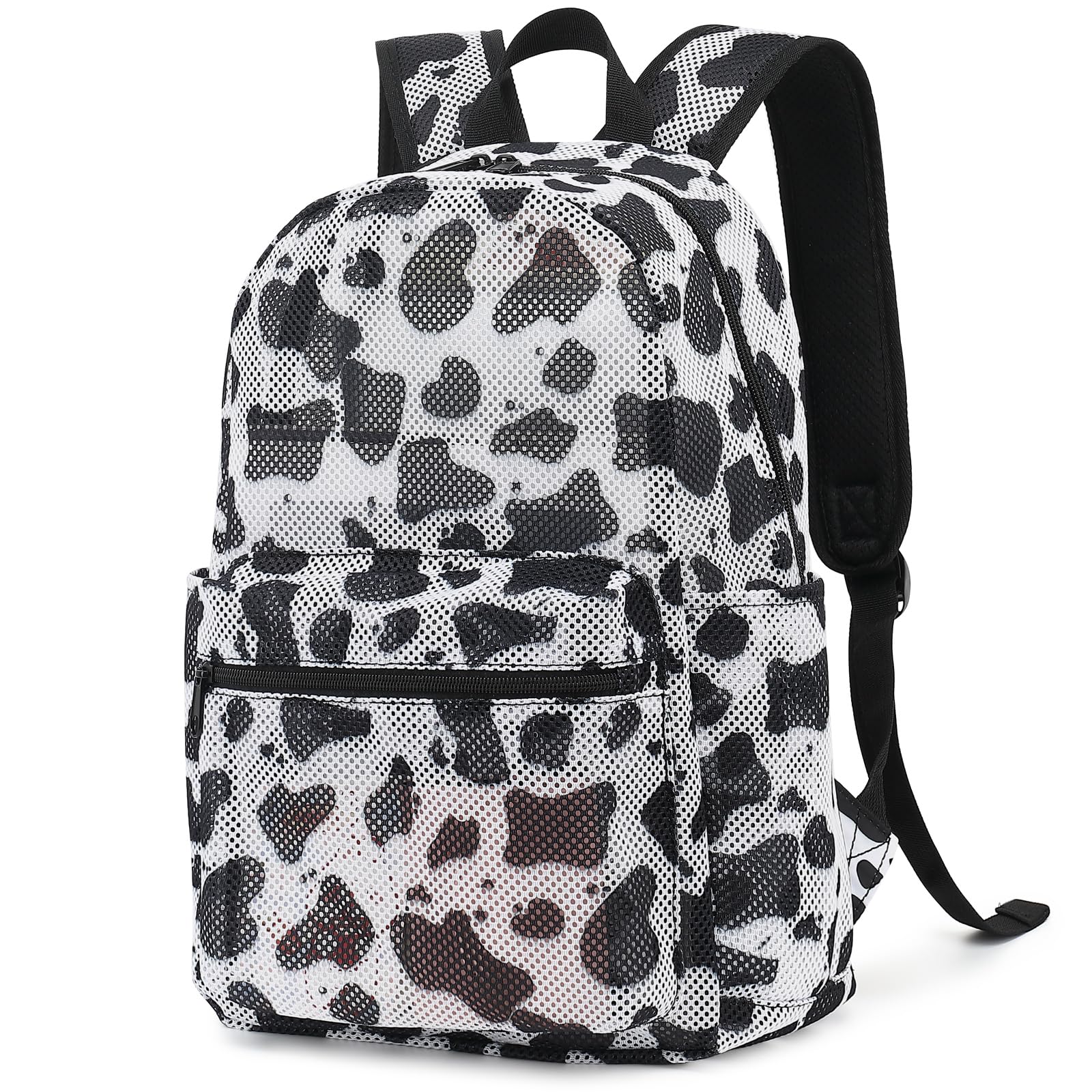 Xunteny Cow Print Mesh Backpack for Girls Women, Semi-Transparent Kids School Backpack College Bookbag Casual Daypacks for Beach Gym Travel
