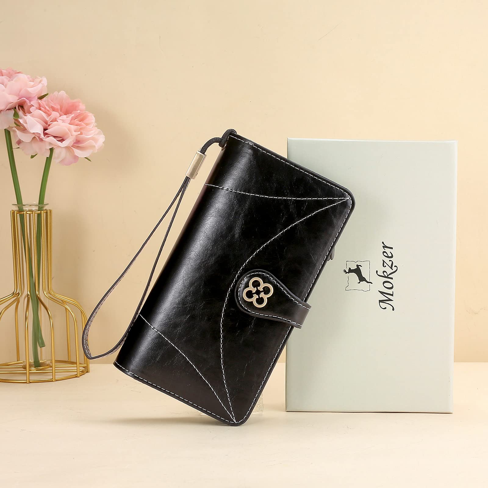 Womens Leather Wallet Ladies Wallets With Rfid Protection Black Large Capacity Trifold Change Purse Checkered Wallet Card Holder Wristlet Wallets For Women Zip Stitch Wallet