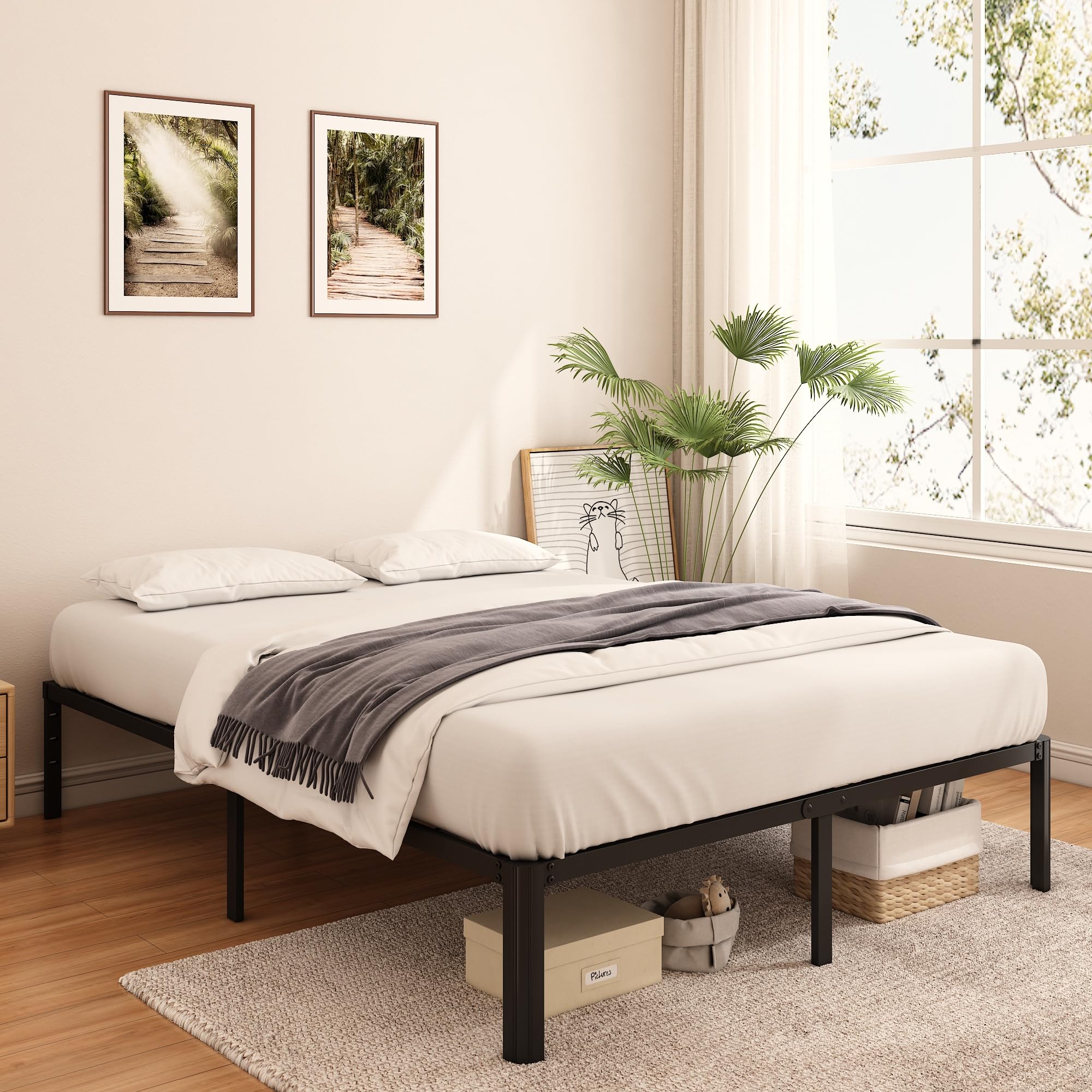 Riwanca 14 Inch Bed Frame Queen Size with Round Corner Legs, No Box Spring Needed, Heavy Duty Black Metal Platform Mattress Foundation, Non-Slip Noise Free Easy Assembly