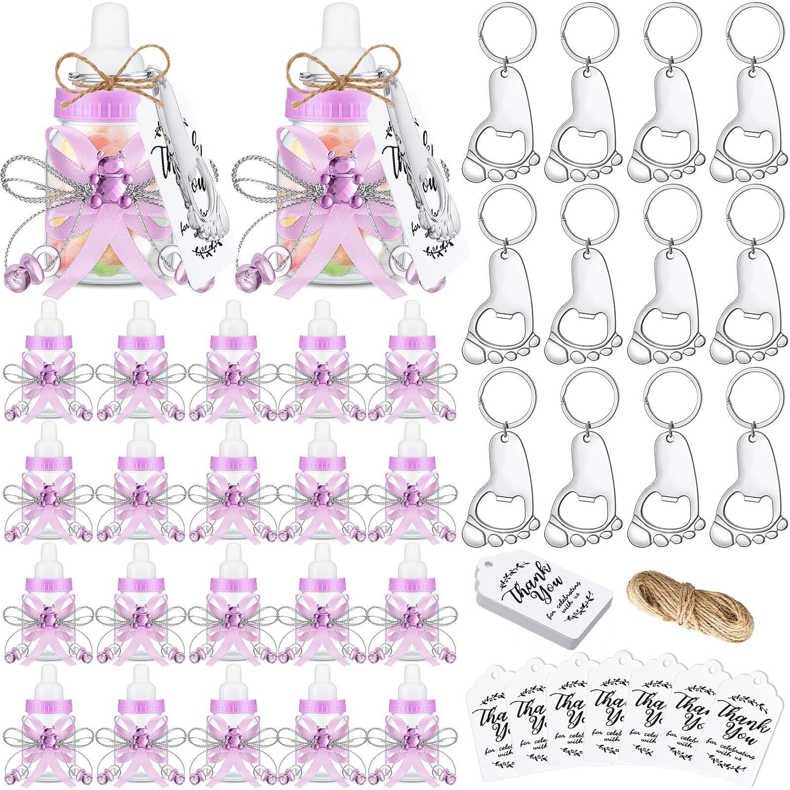Sunnyray 72 Pcs Baby Shower Bottle Favors 24 Baby Mini Milk Bottles 24 Baby Footprint Keychain Bottle Opener 24 Thanks Tags Party Favors Gift for Girl Boy Baby Shower Decorations (Purple, Silver)