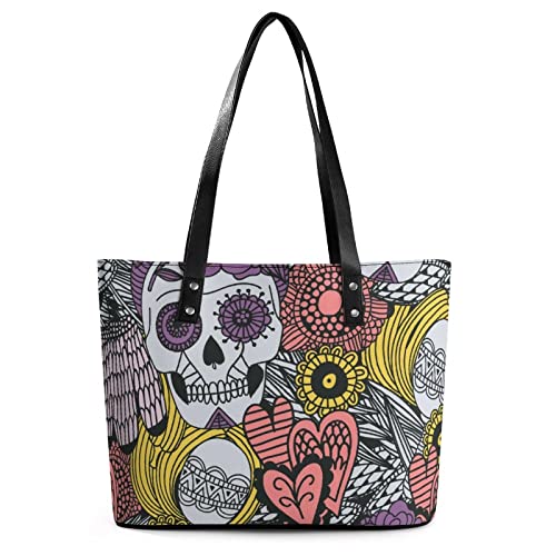 Womens Handbag Skull Floral Pattern Leather Tote Bag Top Handle Satchel Bags For Lady