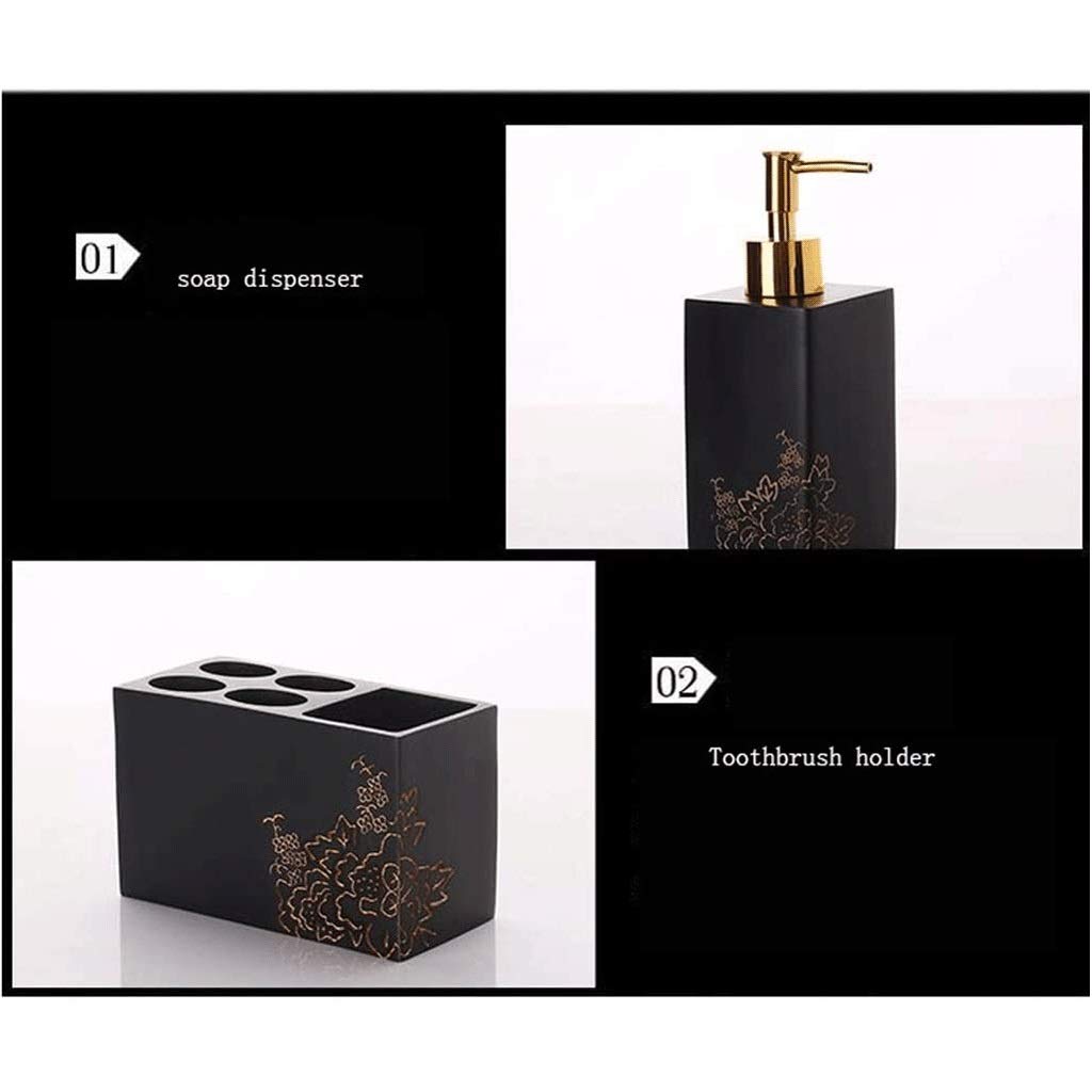 Soap Dispenser Hand Soap Dispenser 6-Piece Bathroom Accessory Resin Set Lotion Dispenser Tumbler Toothbrush Holder Soap Dish and Tray,Elegant Golden Pattern,Black Manual Soap Dispenser Soap Dispenser
