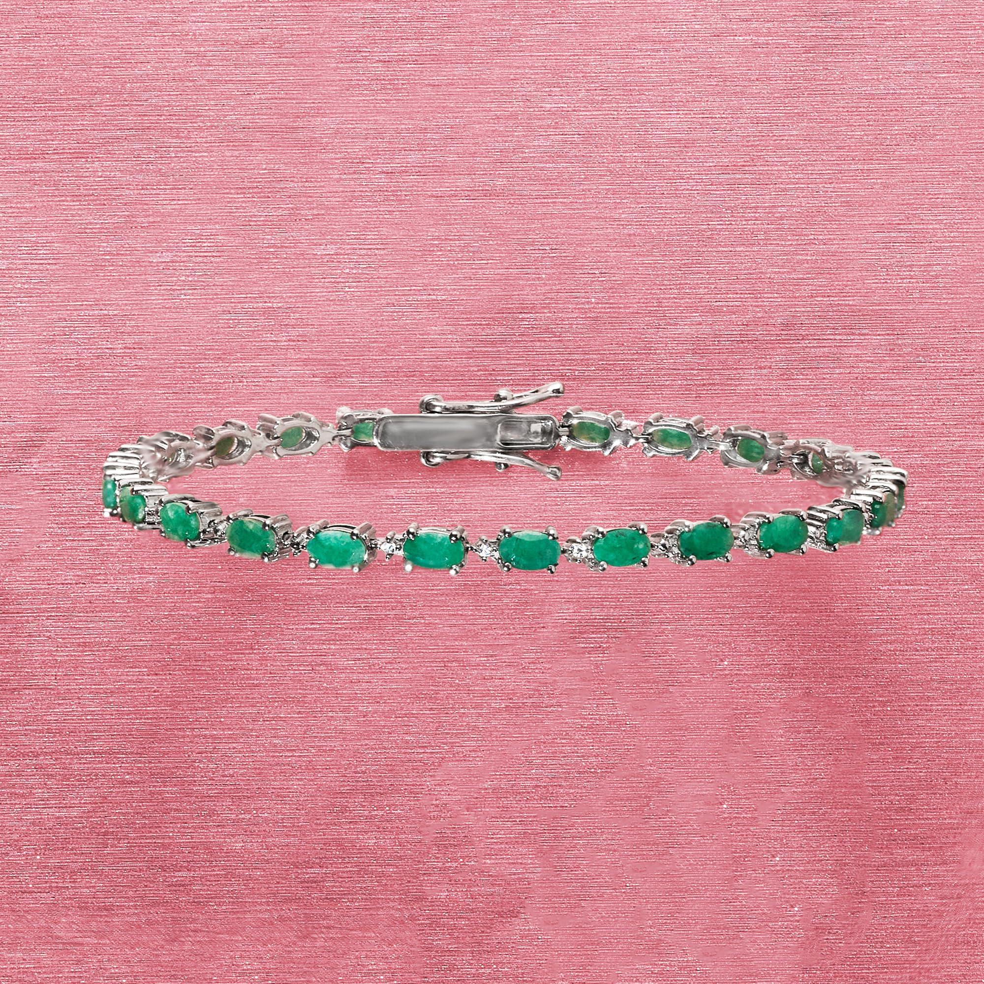 Ross-Simons 7.20 ct. t.w. Emerald Bracelet With Diamond Accents in Sterling Silver. 7.25 inches