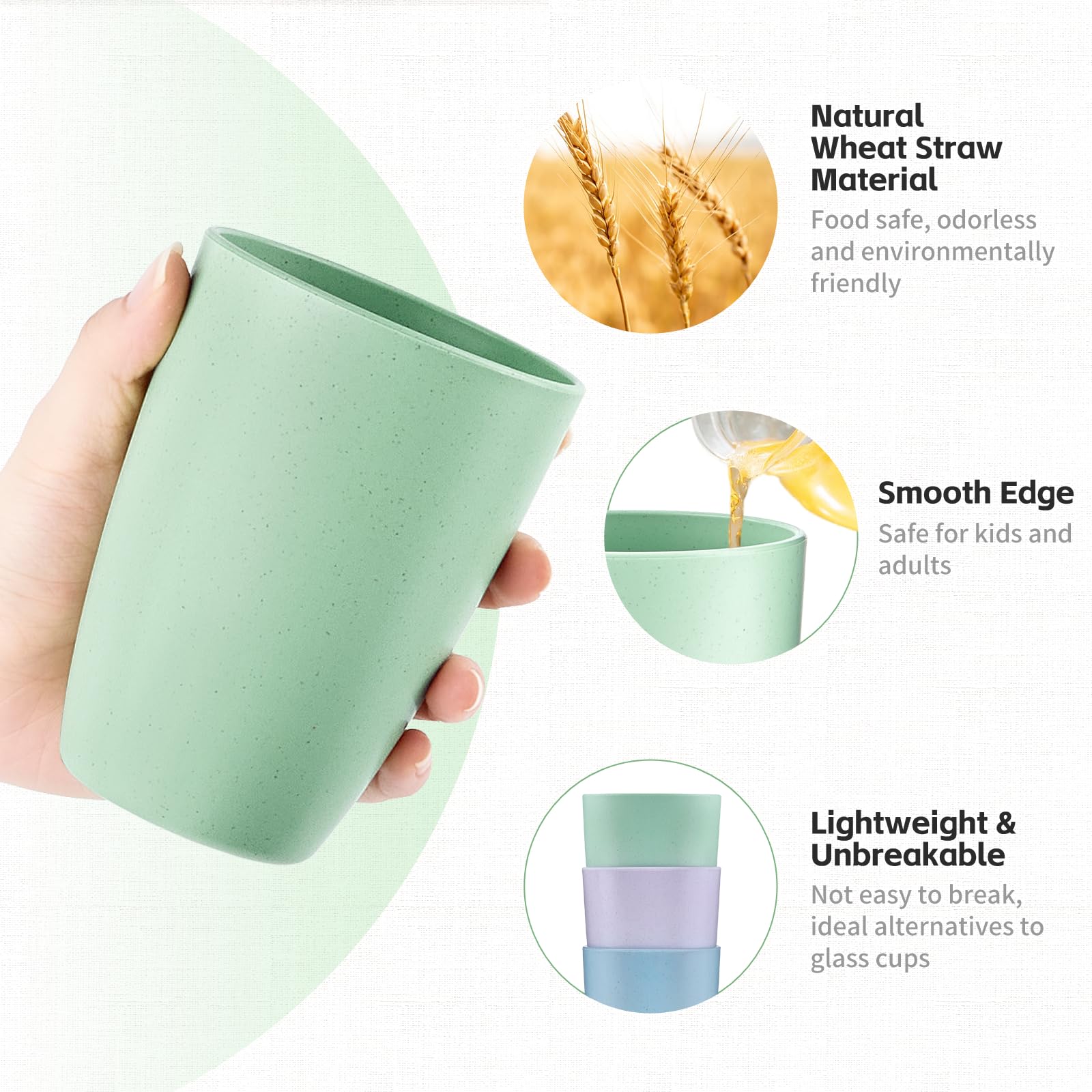 ZORRITA 5 Pack 12 oz Wheat Straw Cups, Reusable Plastic Drinking Cups Unbreakable Water Glasses Dishwasher Safe Tumblers for Juice, Soda, Milk, Coffee