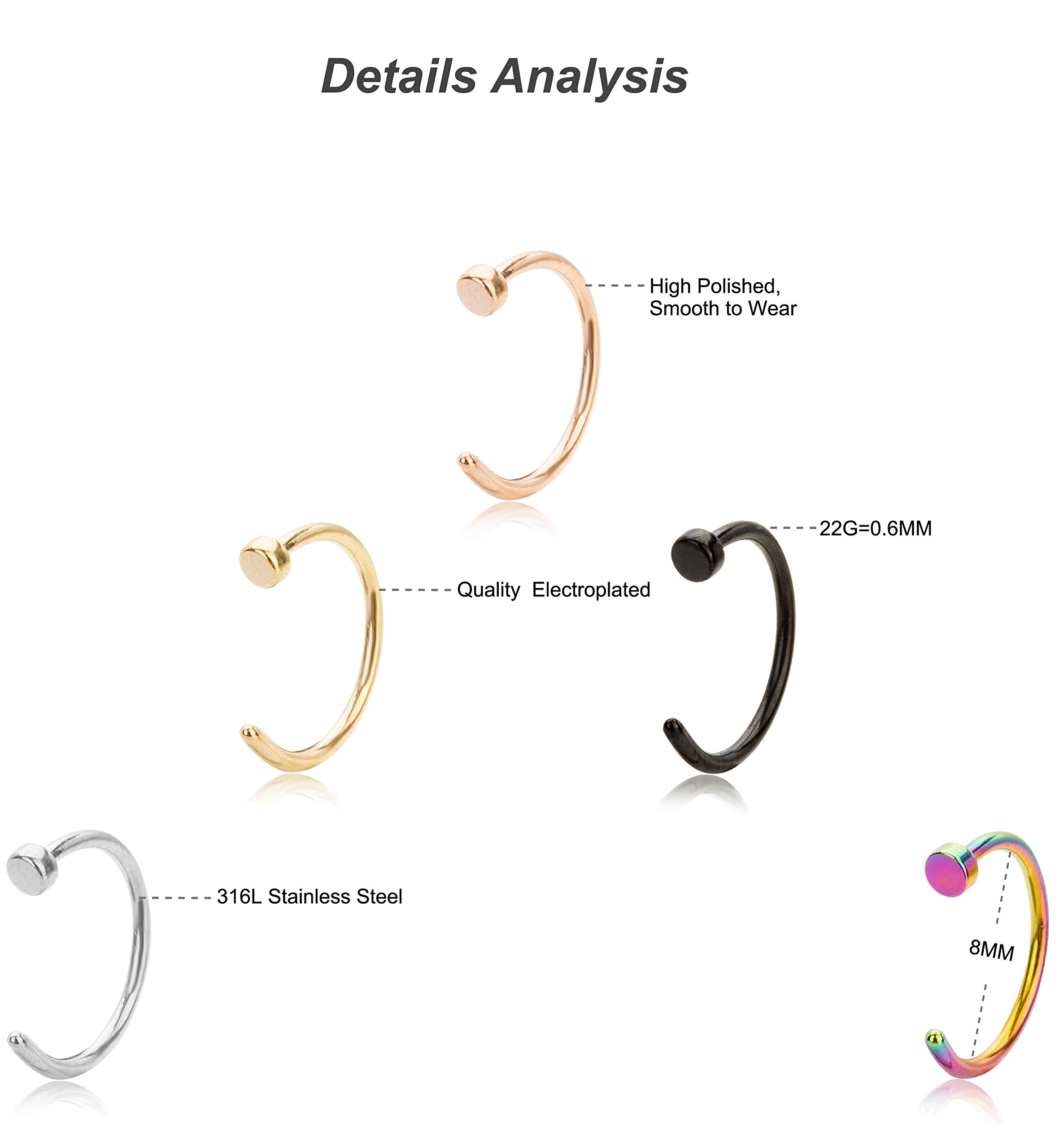 REVOLIA 22G 5Pcs Stainless Steel Nose Rings Hoop Body Piercing Jewelry 8MM