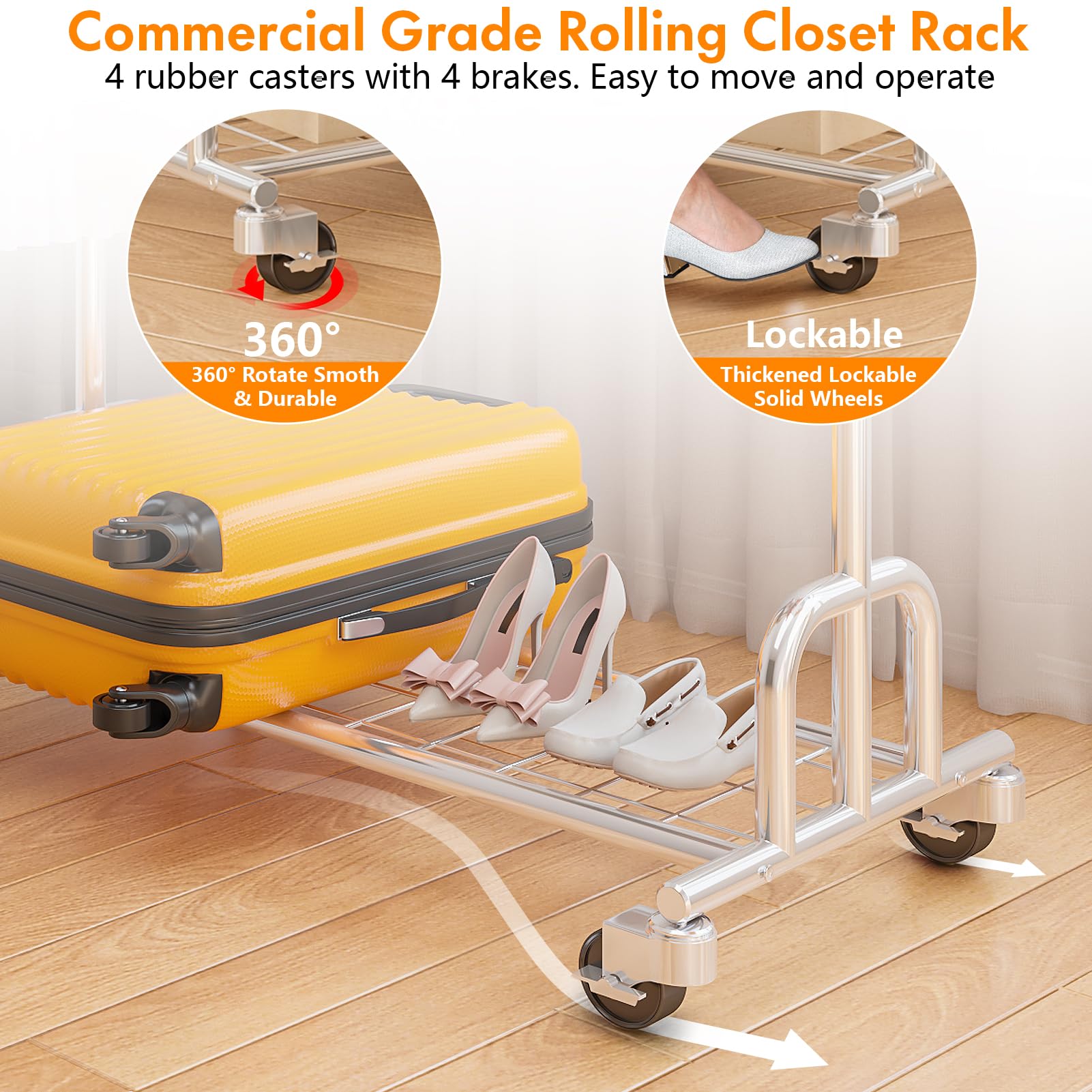 Rolling Garment Rack Heavy Duty Clothing Racks for Hanging Clothes Load 320lbs Commercial Garment Rack On Wheels Heavy Duty Clothing Rack with Shelves