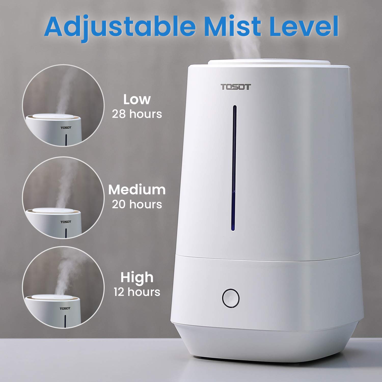 TOSOT Cool Mist Humidifier, Top Fill 4L/1.1 Gallon Tank, Diffuser Humidifier for Bedroom, White