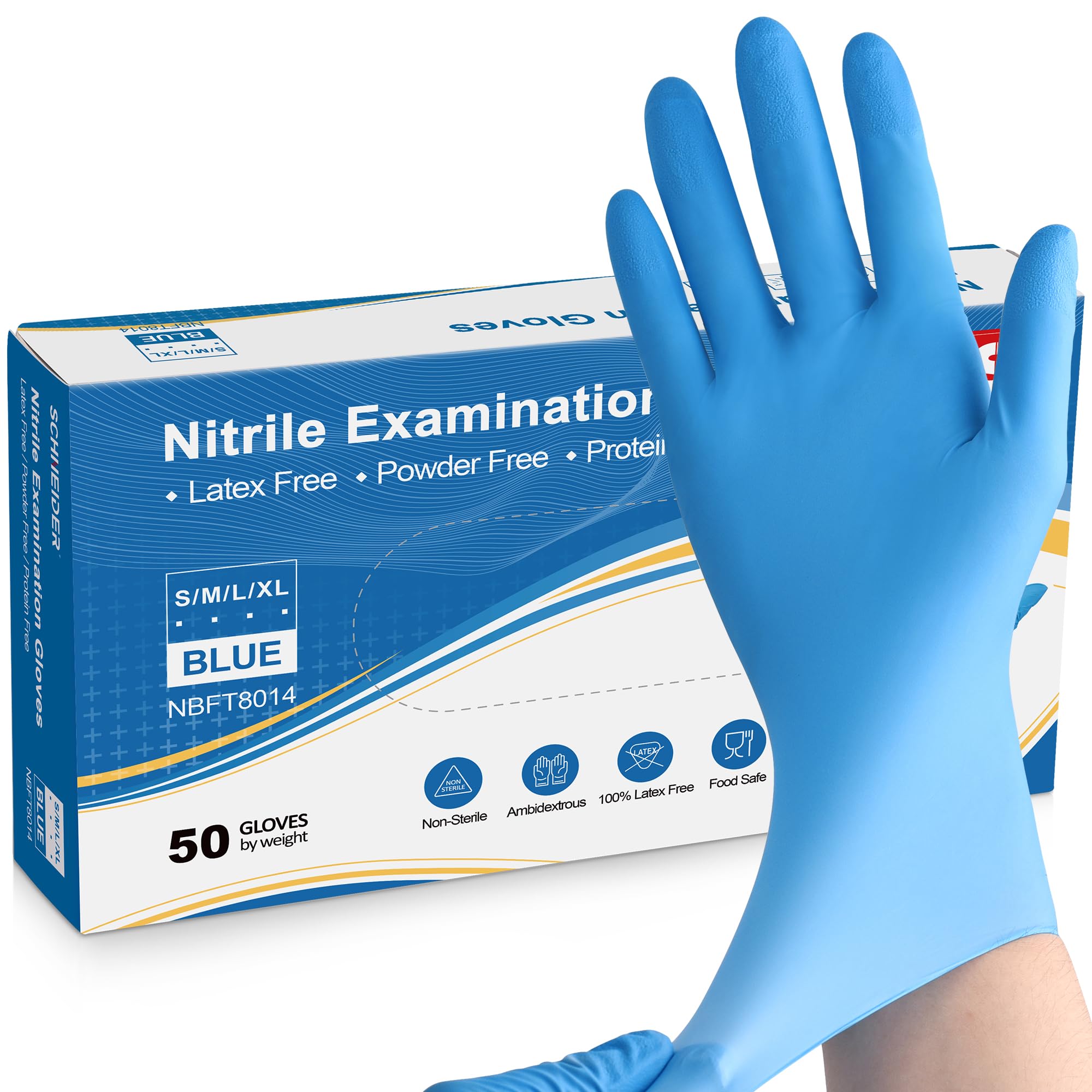 Schneider Nitrile Exam Gloves, 5 mil, Large, Box of 50, Heavy Duty Disposable Gloves, Textured, Latex Free, Food Safe, Industrial Gloves for Medical, Cleaning, Cooking, Blue