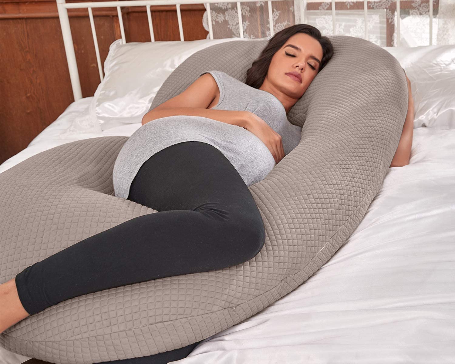 Summer Mae Pregnancy Pillow with Removable Cover, 55 inches C Shaped Full Body Maternity Pillow for Pregnant Women Brown