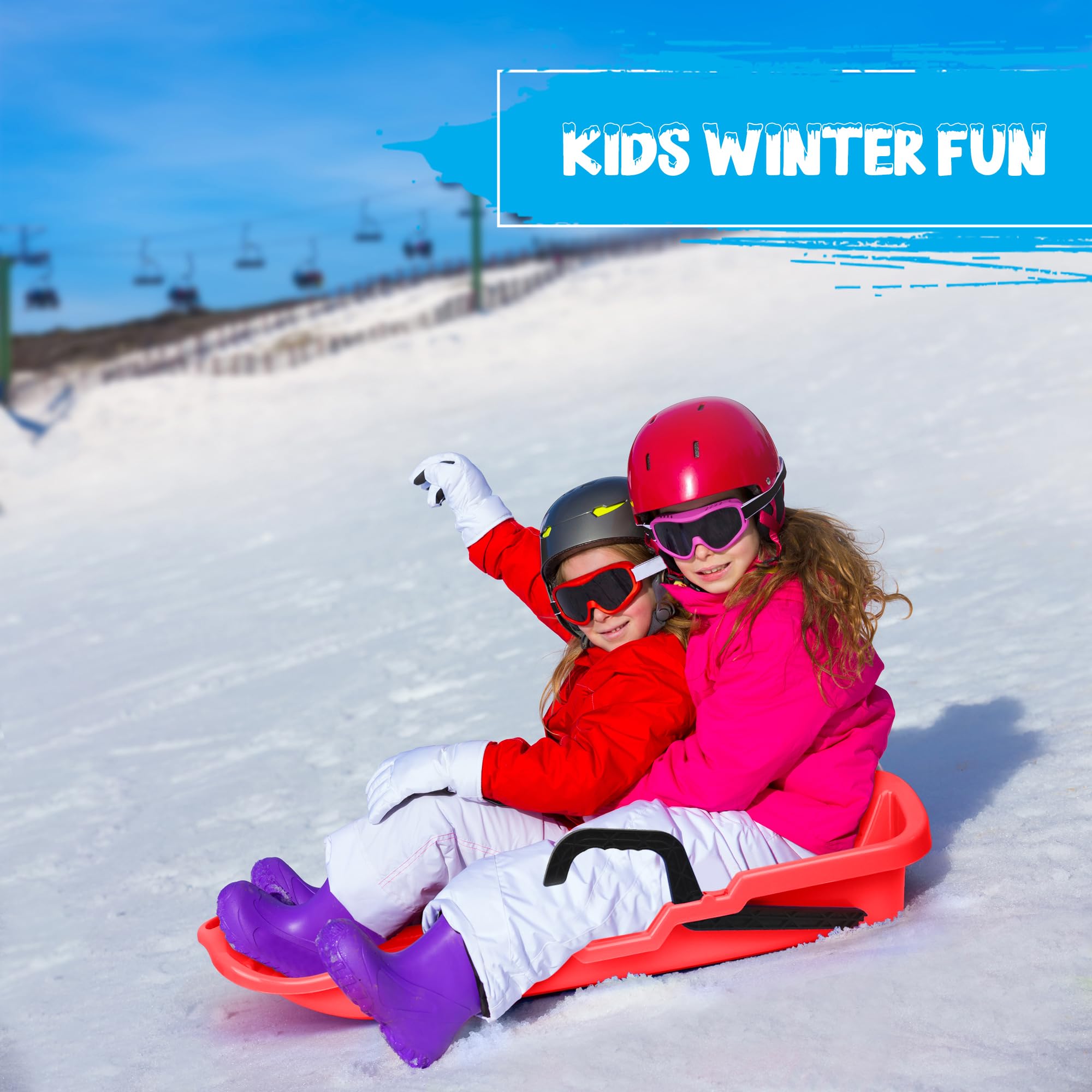 Slippery Racer Downhill Thunder Flexible Plastic Toboggan Snow Sled with Built in Brake System, Pull Rope, and Handle Grips, Red