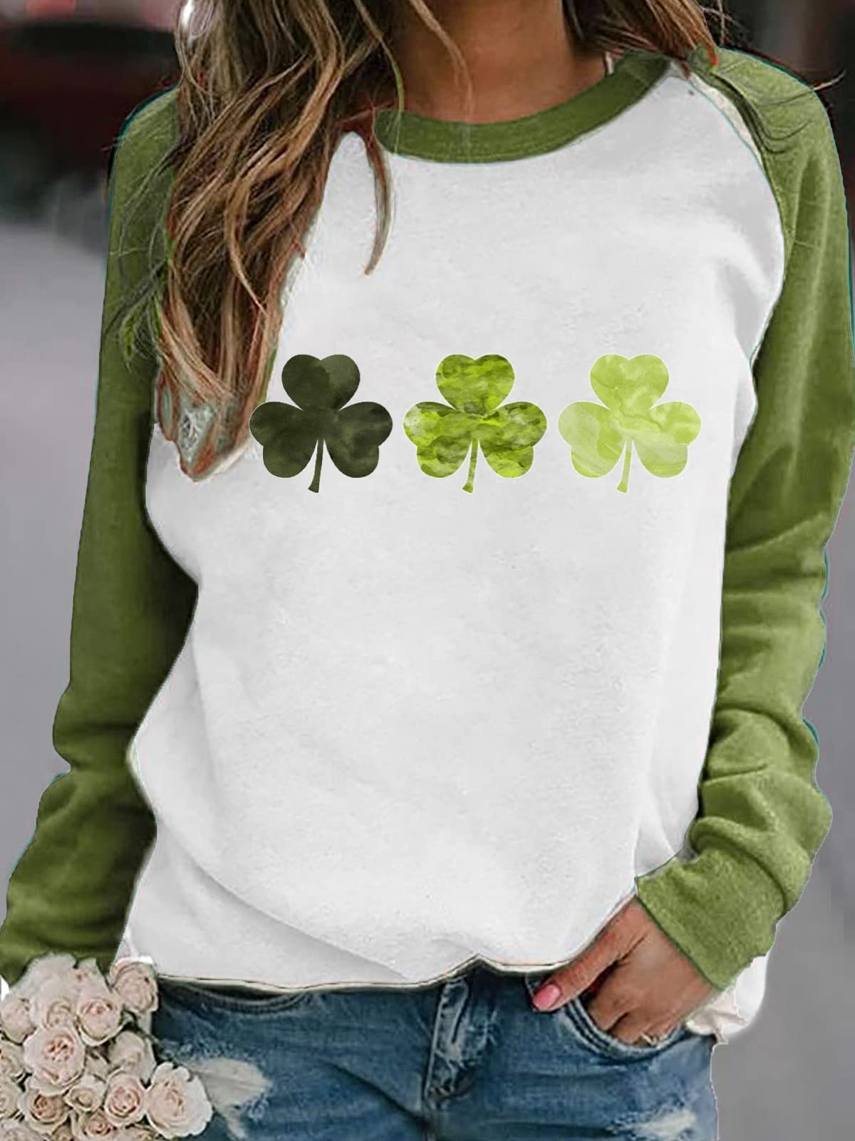 Womens St Patricks Day Shirt, Three Clover Shamrock Long Sleeve Lightweight Sweatshirt for Women (A-Light-Leaves, 2XL)