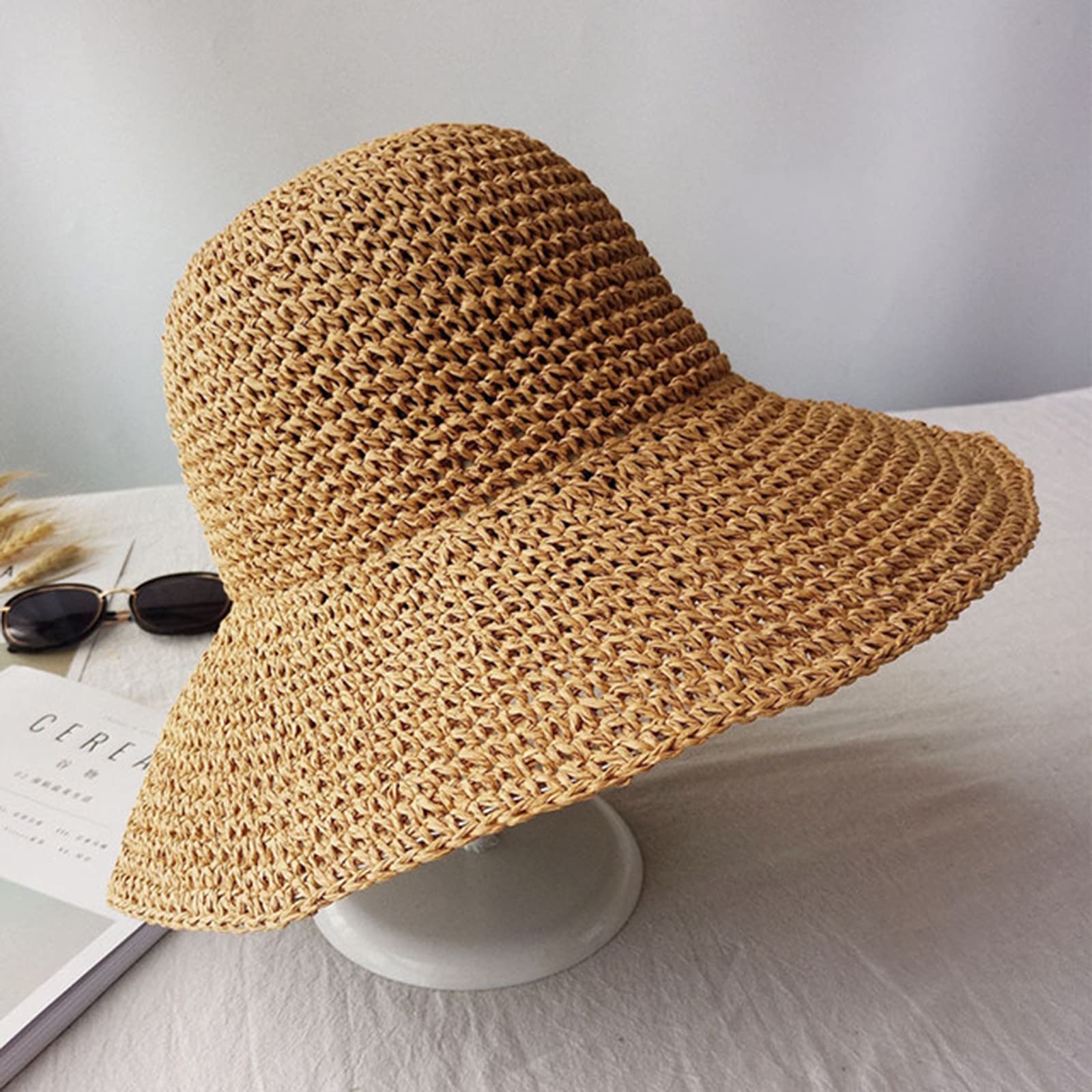 Womens Sun Straw Hat Wide Brim Summer Hat Foldable Roll up Floppy Beach Hats for Women Girl UPF 50+ (WS055)