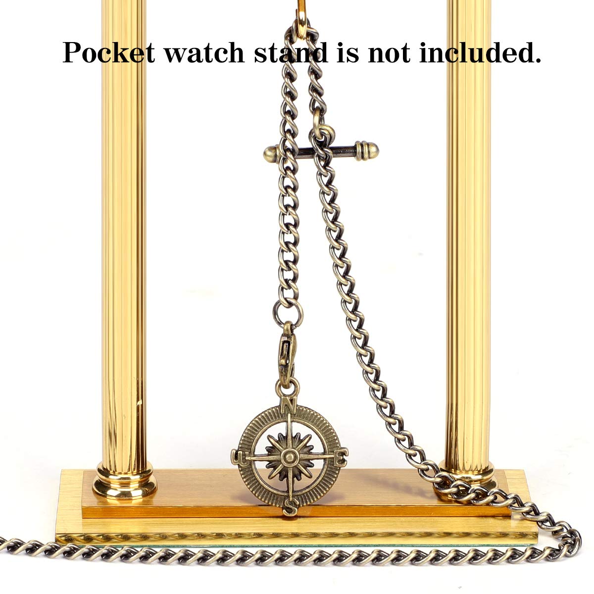SIBOSUN Pocket Watch Albert Chain T Bar & Lobster Clasps Watch Chain Vest Chain for Men Curb Link Chain 2 Hooks with Antique Compass Pendant Design Charm Fob T-Bar Chain Bronze