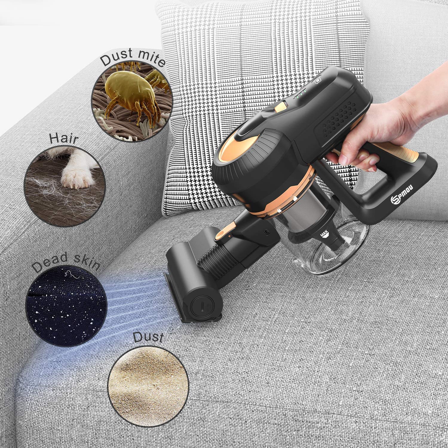 Spmou Cordless Vacuum 20Kpa Strong Suction 4 in 1 Stick Handheld Vacuum Cleaner for Home Hard Floor Carpet Car Pet, Lightweight, Grey