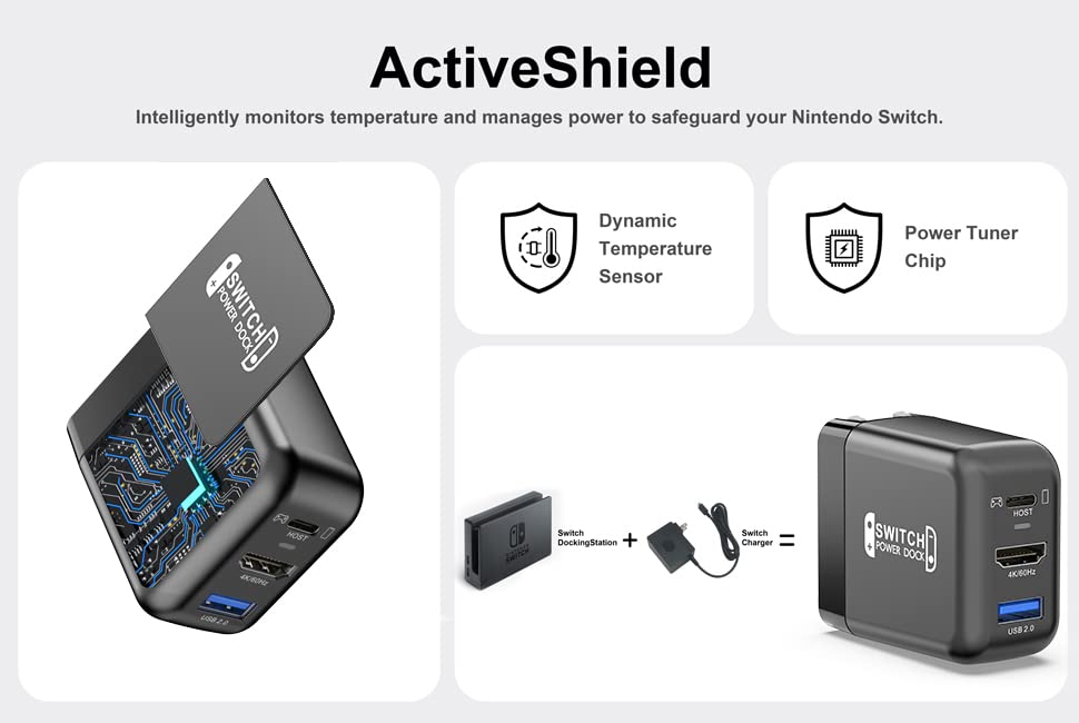 RREAKA Switch Dock Charger for Nintendo Switch/OLED, Portable TV Docking Station for Nintendo Switch 4K@60Hz HDMI/USB2.0/PD USB-C Fast Charging Ports, Portable Switch Dock Charger with USB-C Cable