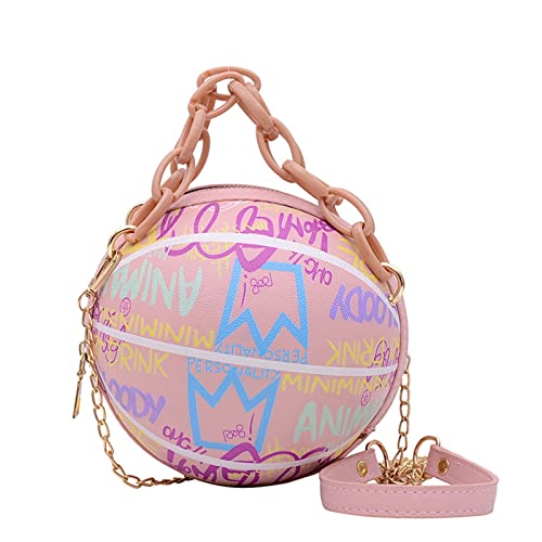Womens Cross Body Handbag Basketball Shaped Chain Round Messenger Tote Shoulder PU Leather All-match Satchel Small Bag (Graffiti A)