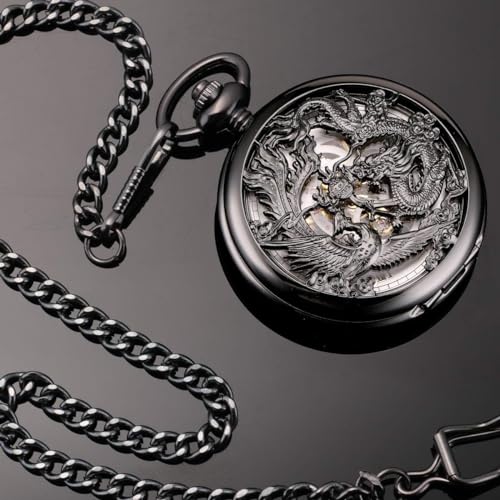 SIBOSUN Pocket Watch Antique Dragon Mechanical Skeleton Double Cover with Chain Men - Bronze Blue