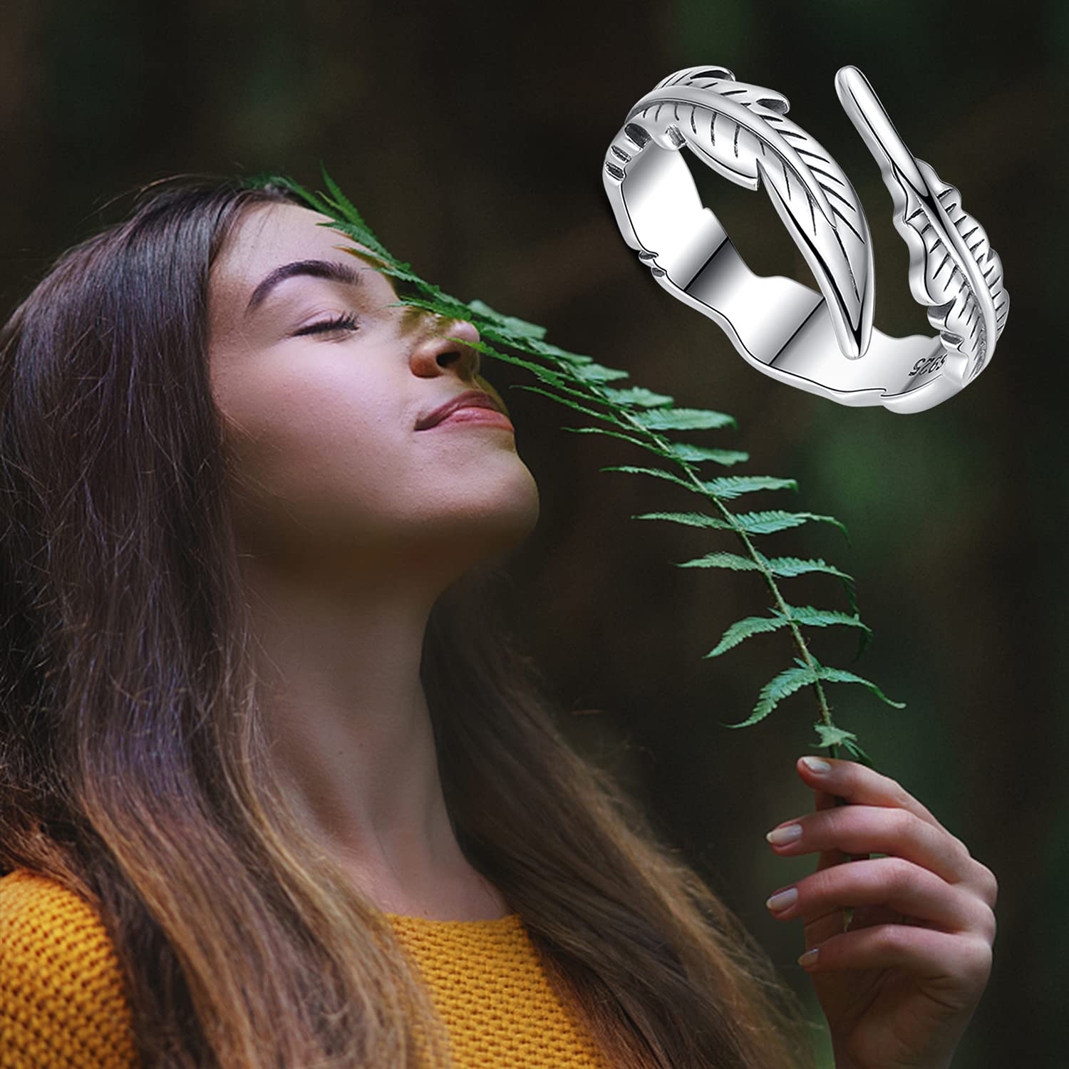 YLT 925 Sterling Silver Adjustable Feather Leaf Rings Vintage Statement Dainty Wrap Open Thumb Ring for Women Men