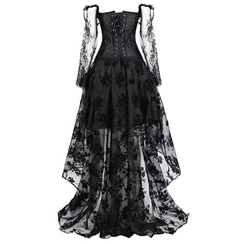 Womens Long Sleeve Gothic Dress with Corset Halter Lace Swing Victorian Princess Dresses Off Shoulder High Low Skirt Black