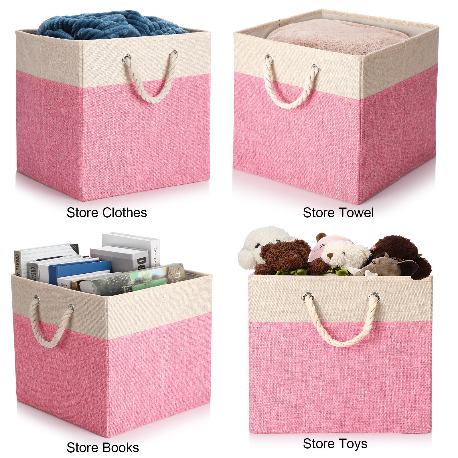 Windyun 6 Pcs Fabric Linen Storage Basket Cube Cloth Large Storage Bin with Handles 13 x 13 x 13 Inch Collapsible Storage Cube Box for Organizing, Shelves, Closet, Home and Office, White and Pink