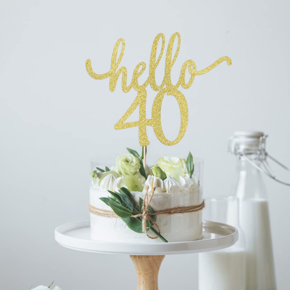 sodasos Golden Glitter Hello 40 Cake Topper - Cheer to 40th Years - 40 and Fabulous Cake Topper - Wedding Anniversary Party Sign Decorations (40)…
