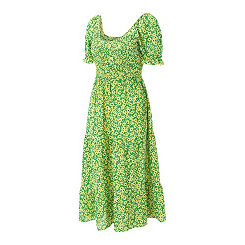 Womens Midi Skirt with Slit Flowy Summer Floral Print Scoop Neck Dress Casual Boho Short Sleeve Smocked Split Swing