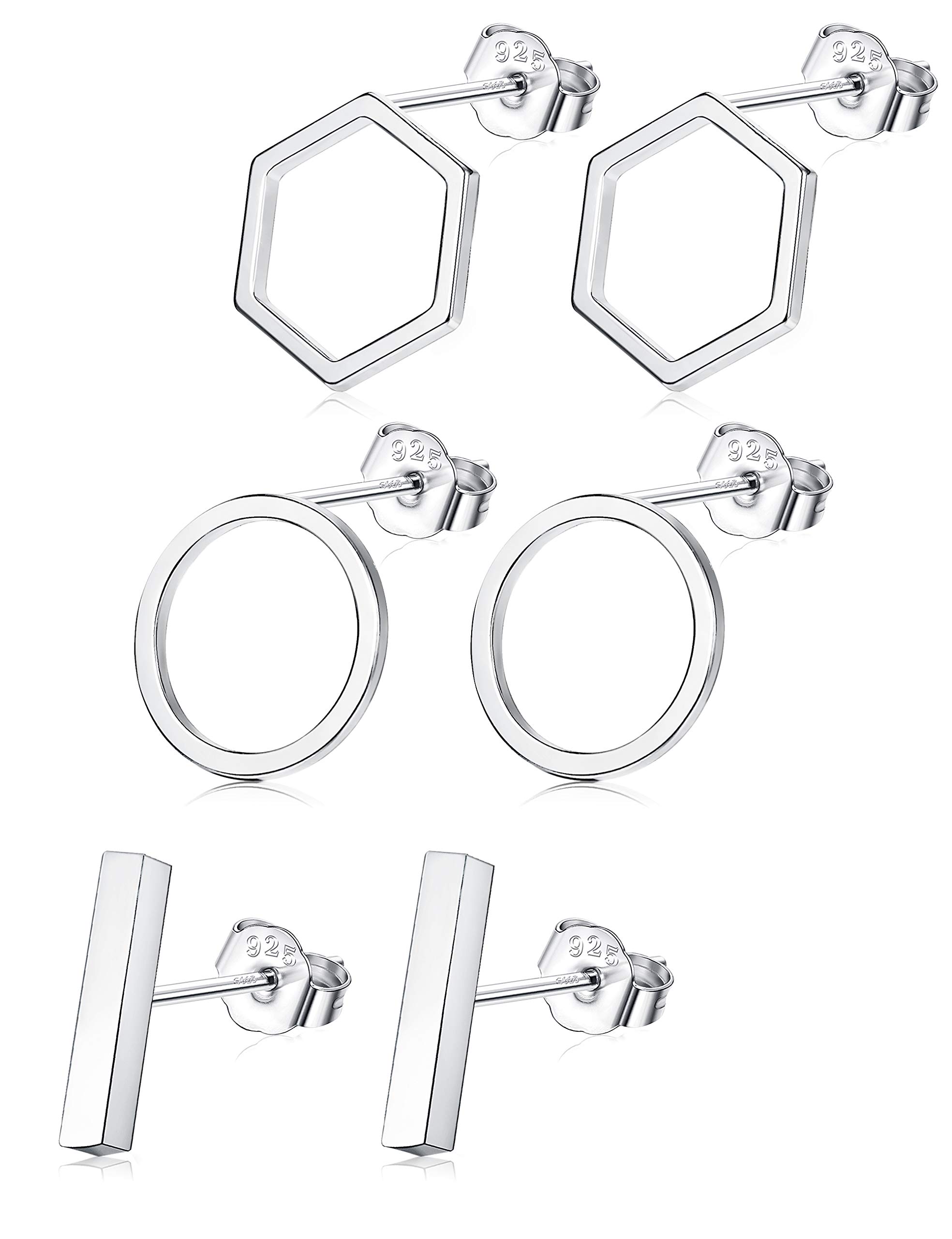 Sllaiss 3 Pairs 925 Sterling Silver Stud Earrings Set Bar Earrings Different Shapes