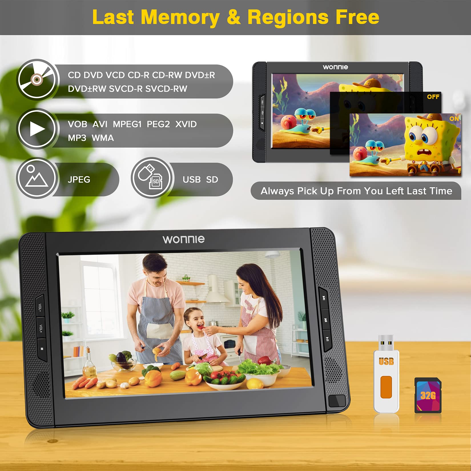 Wonnie 10.5inch Dual Portable DVD Player for Car, Headrest Kids CD Players with Two Headphones Built-in 5 Hours Rechargeable Battery, Support USB/SD/MMC,Regions Free,AV Out & in ( 1 Player+1 Monitor )
