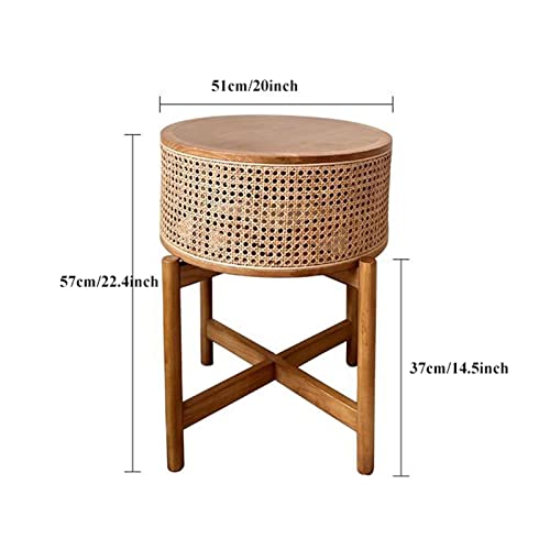 Sofa Side Table Couch Table Solid Wood Round End Table with Rattan Storage Basket, Rustic Side Table Sofa Side Table,Small Round Nightstand,Small Coffee Table for Living Room Bedroom End Table Coffee