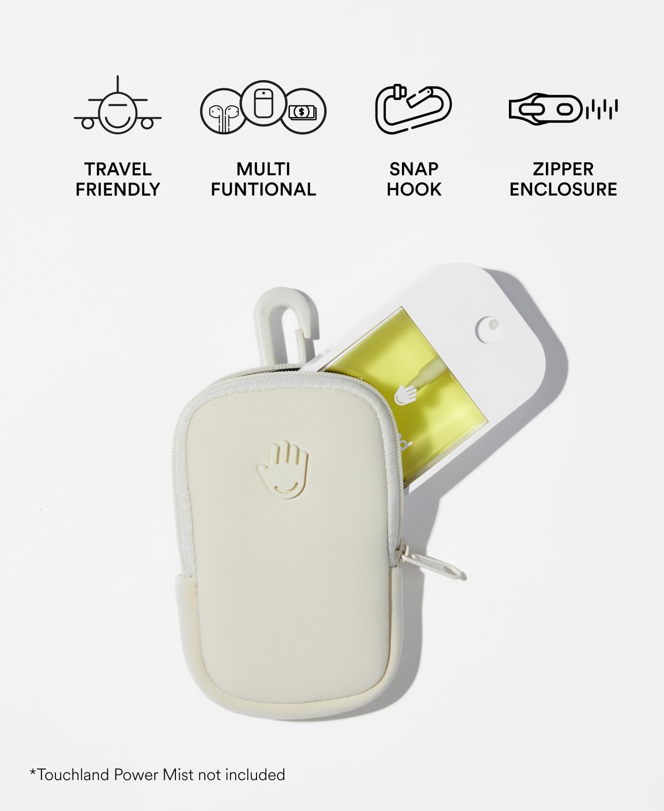 Touchland Touchette Zippered Pouch, Attachable Fashion Accessory with Snap Hook for Power Mist and Glow Mist 1FL OZ, Ivory