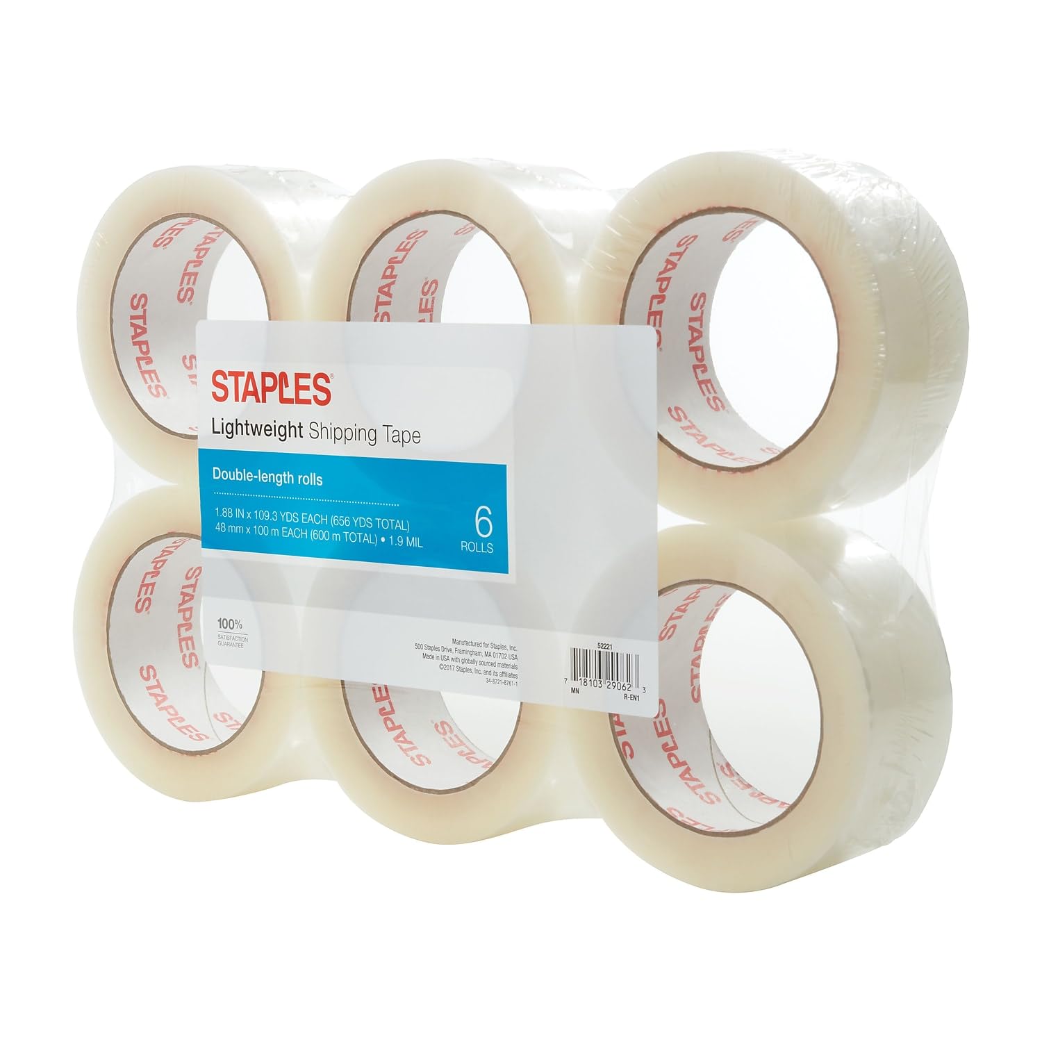 Staples 815059 Packing Tape 3-Inch Core Clear 1.88-Inch X 109.4 Yards 6/Pk