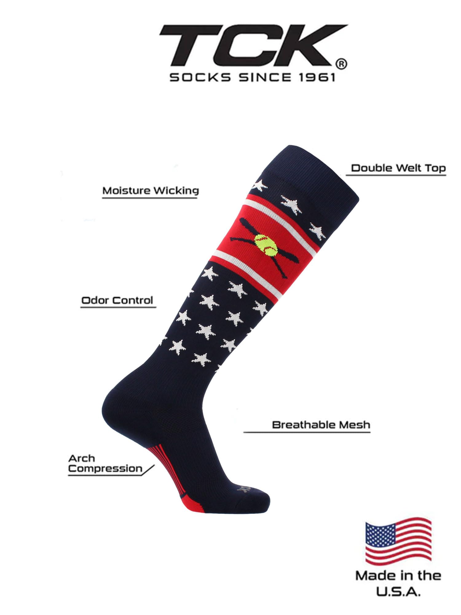 TCK Patriotic USA Softball Socks with Softball Bats (Navy/Red/White, Small)