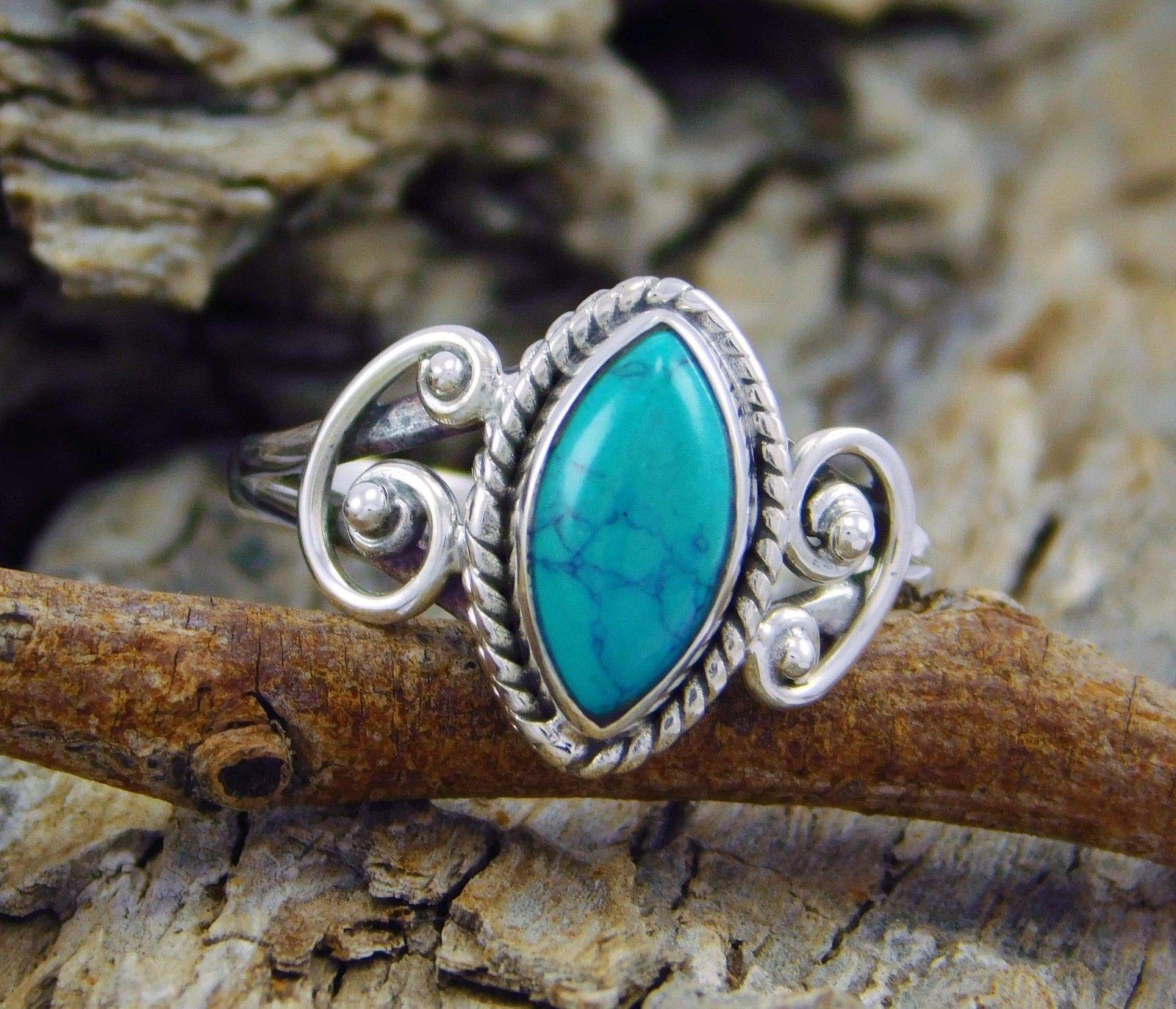WANGYUSHENG Vintage Women's Silver Ring Marquise Cut Bohemia Turquoise Jewelry ,Chic Hand Made Jewelry Ring Wedding Ring Size 6-10 (US size 9)