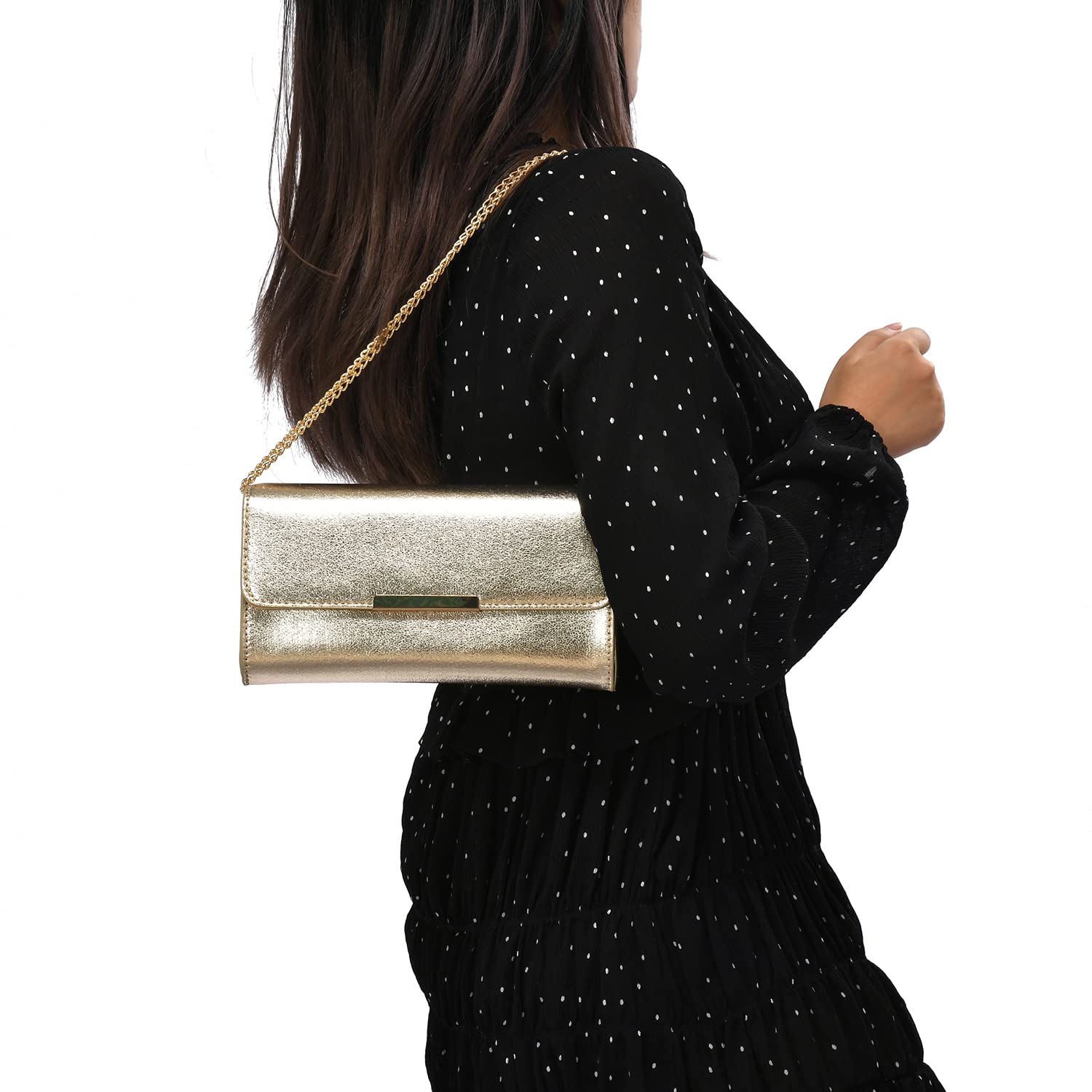 WOO Classic Clutch Bag for Evening Party Soft Metallic PU Elegant Shoulder Crossbody Purse Design for Formal Occasion (Gold)