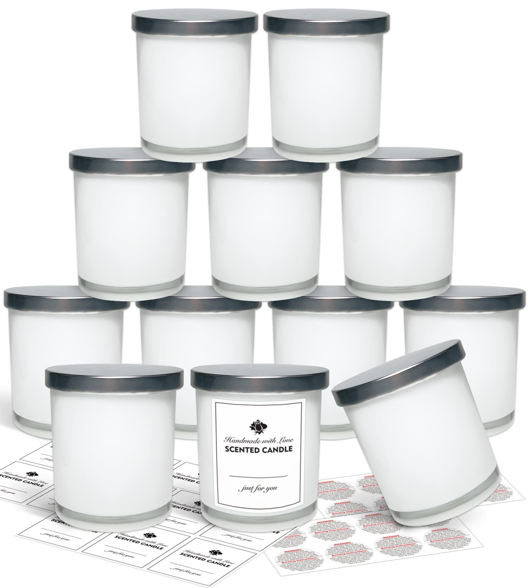 SUPMIND 12 Pack 10oz Glass Candle Jars with Lids and Sticky Labels, Empty Candle Jars for Making Candles Bulk Containers(Inner White)