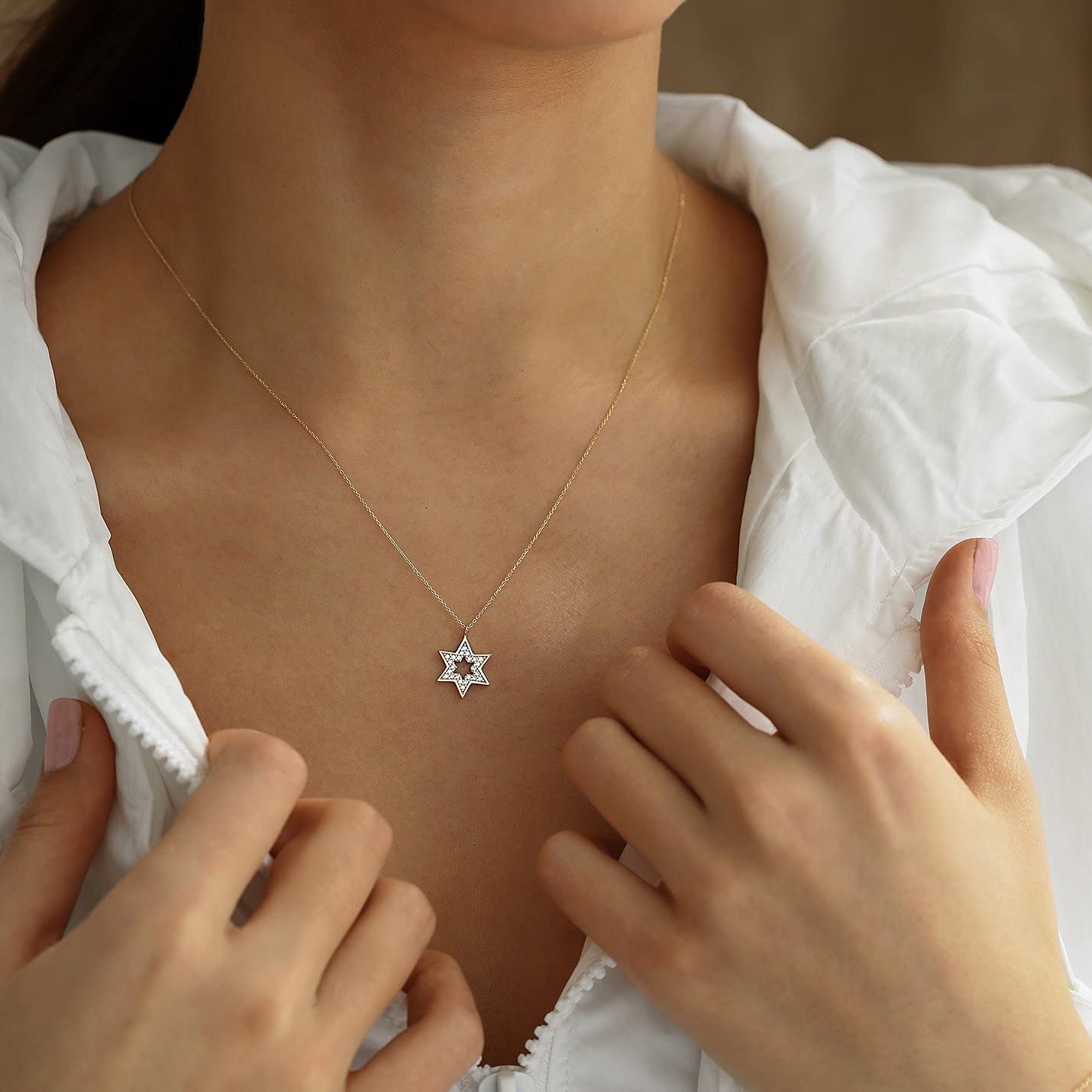 Star of David Necklace in 14K Solid Gold | Jewish Star Pendant Necklace in 14k Gold | Celestial Jewelry, 18"