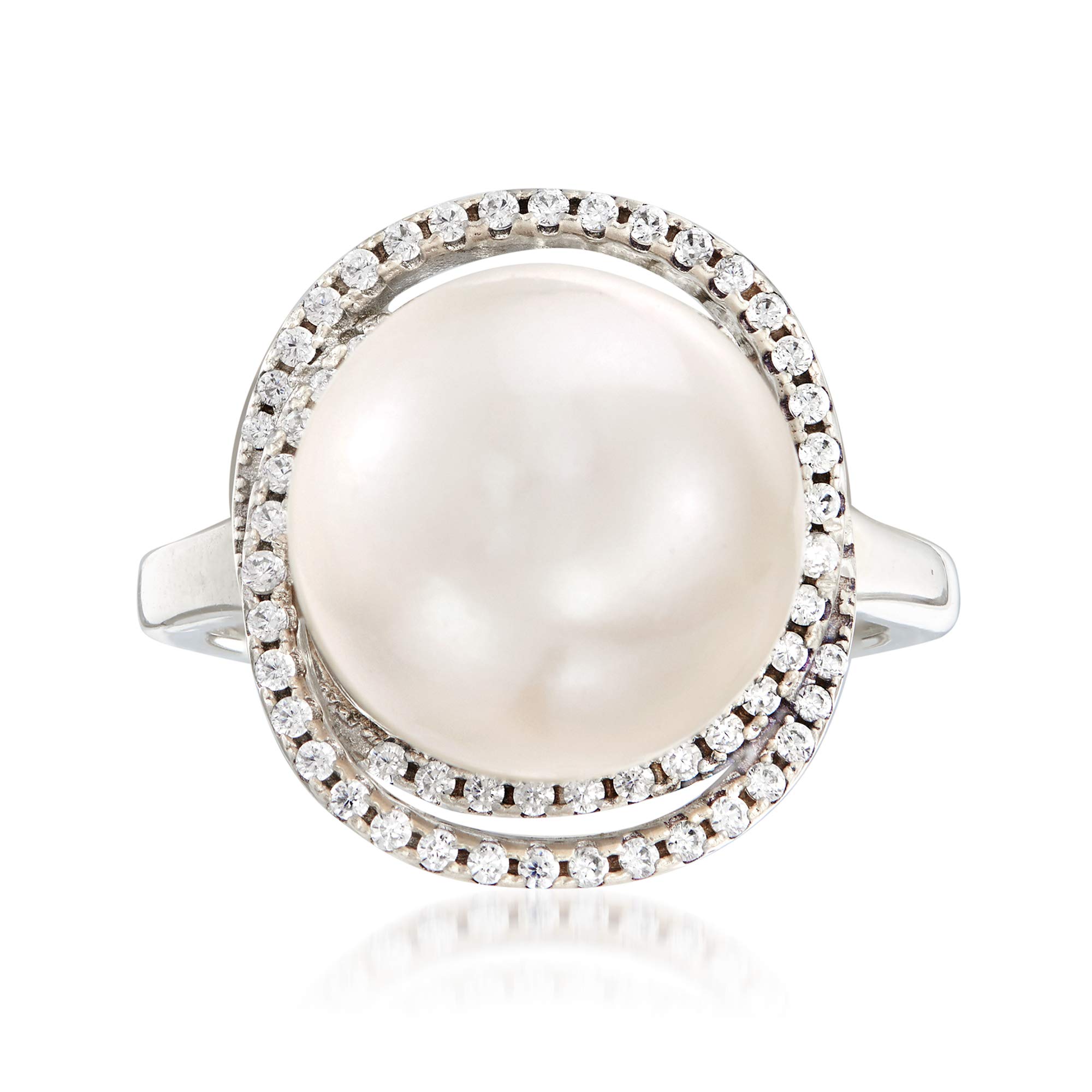 Ross-Simons Italian 12mm Cultured Pearl and .78 ct. t.w. CZ Ring in Sterling Silver. Size 6