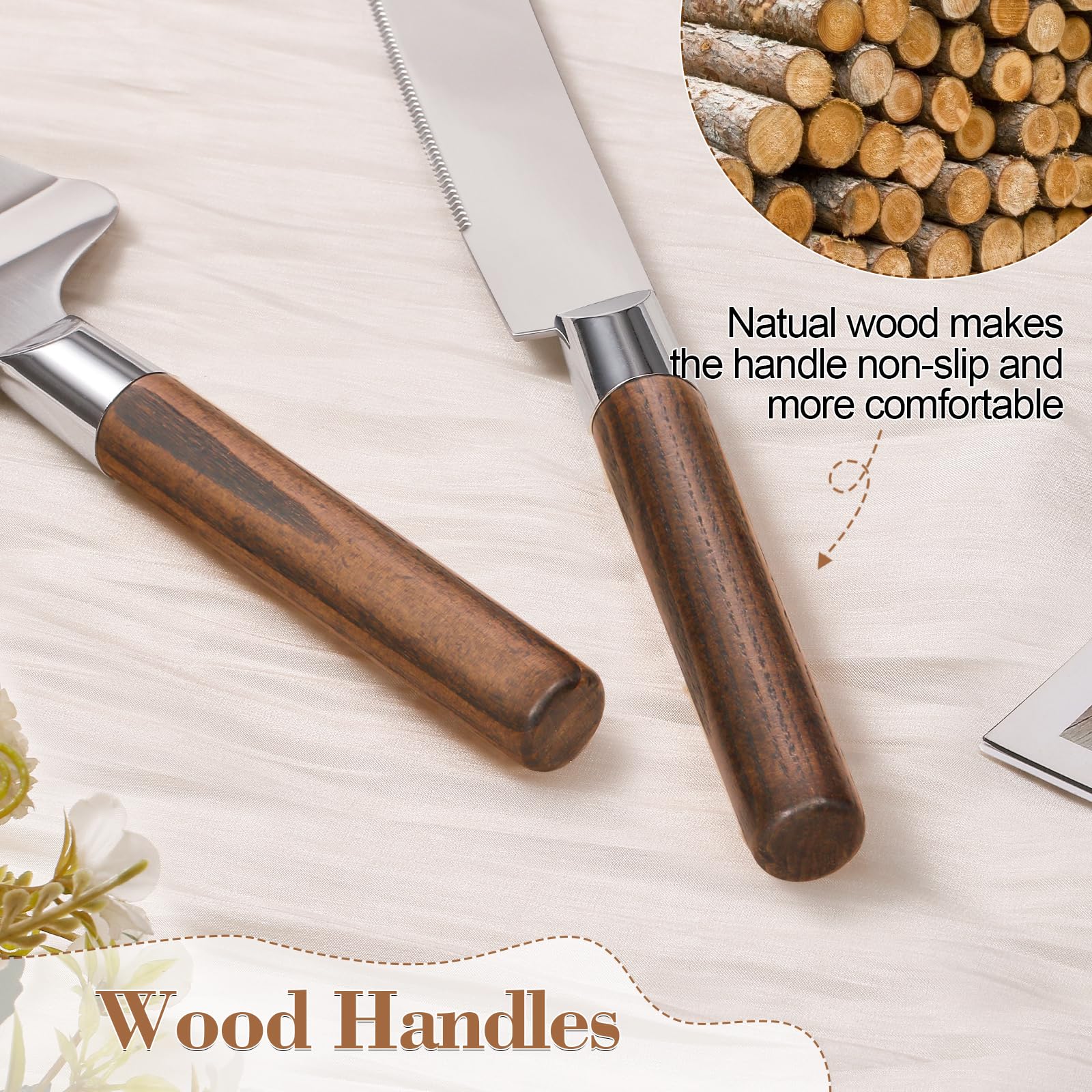 TUKDAK Cake Cutting Set for Wedding, Wood Cake Knife and Server Set, Vintage Pie Cake Cutter, Silver Pizza Dessert Utensils Bridal Anniversary Birthday QuinceaƱera Gift (Original Wood)