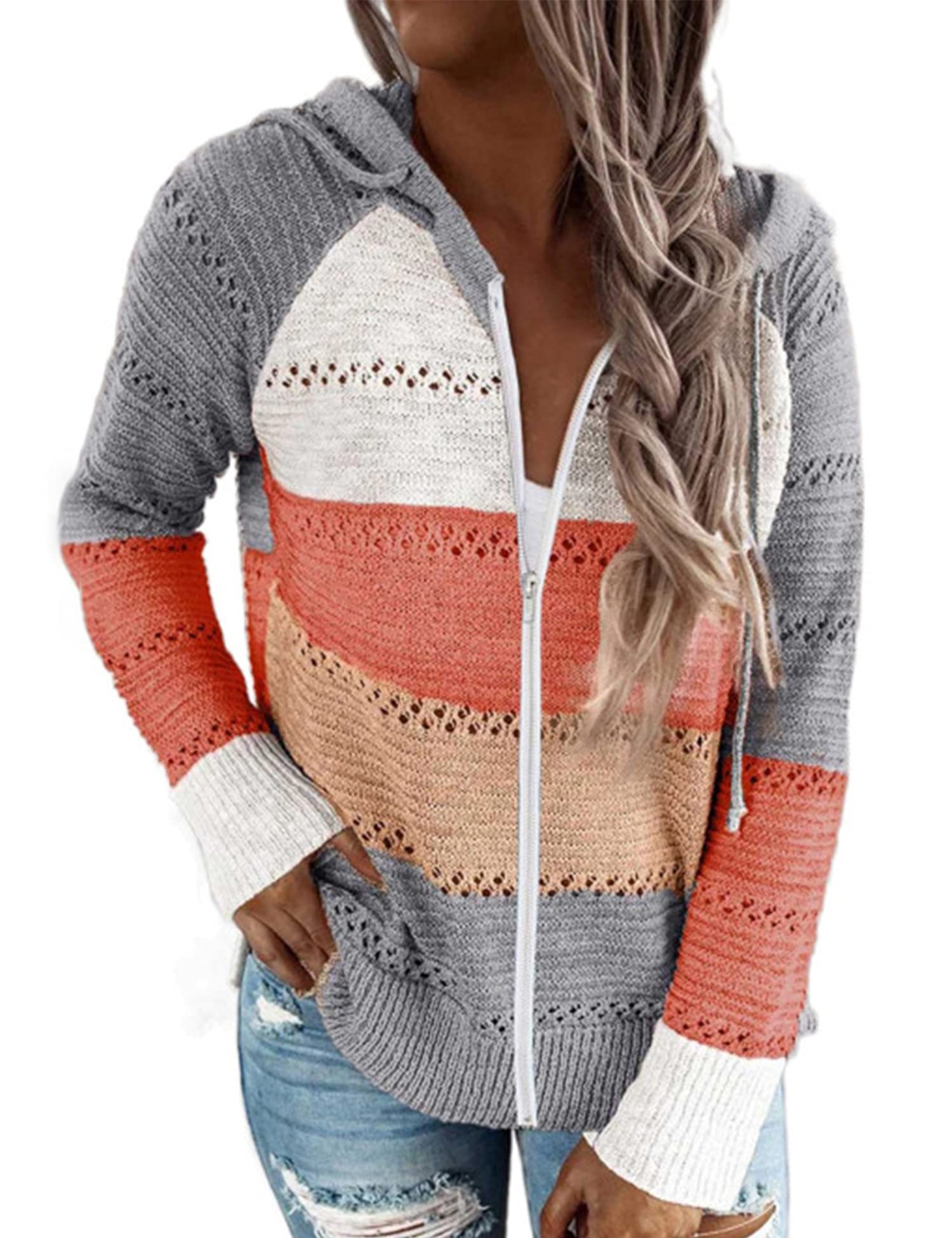 Womens Lightweight Stripes Sweatshirts Zip Up Zipper Hooded Sweatshirts Jackets Orange M