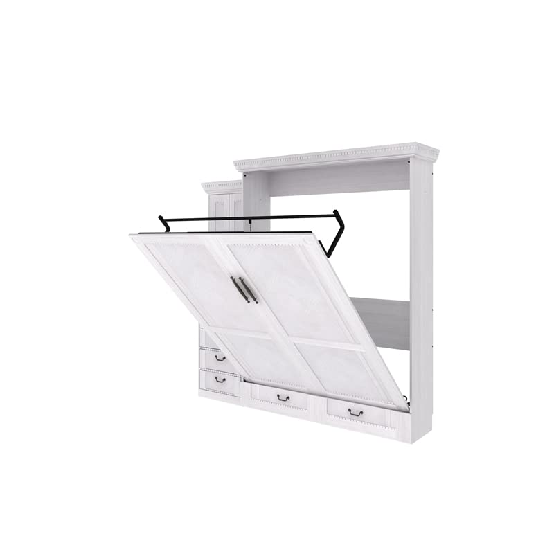 RoomAndLoft Imperial Queen Solid Wood Murphy Wall Bed and Shelf Storage with Drawers in White