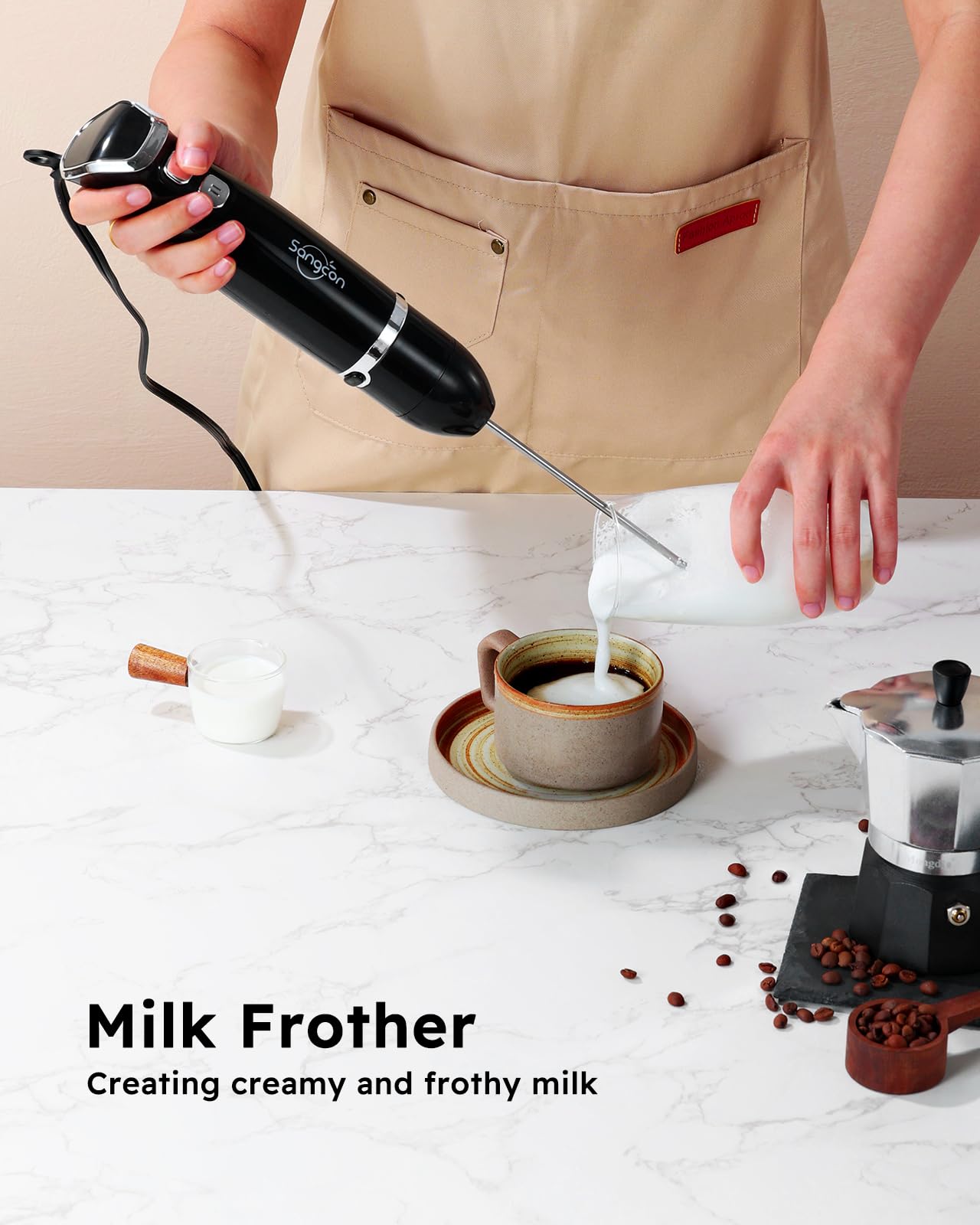 Sangcon Immersion Blender Handheld, 3-in-1 Hand Blender Electric, 400W Handheld Blender, Stainless Steel Blade Stick Blender with Whisk, Milk Frother Attachments - Black