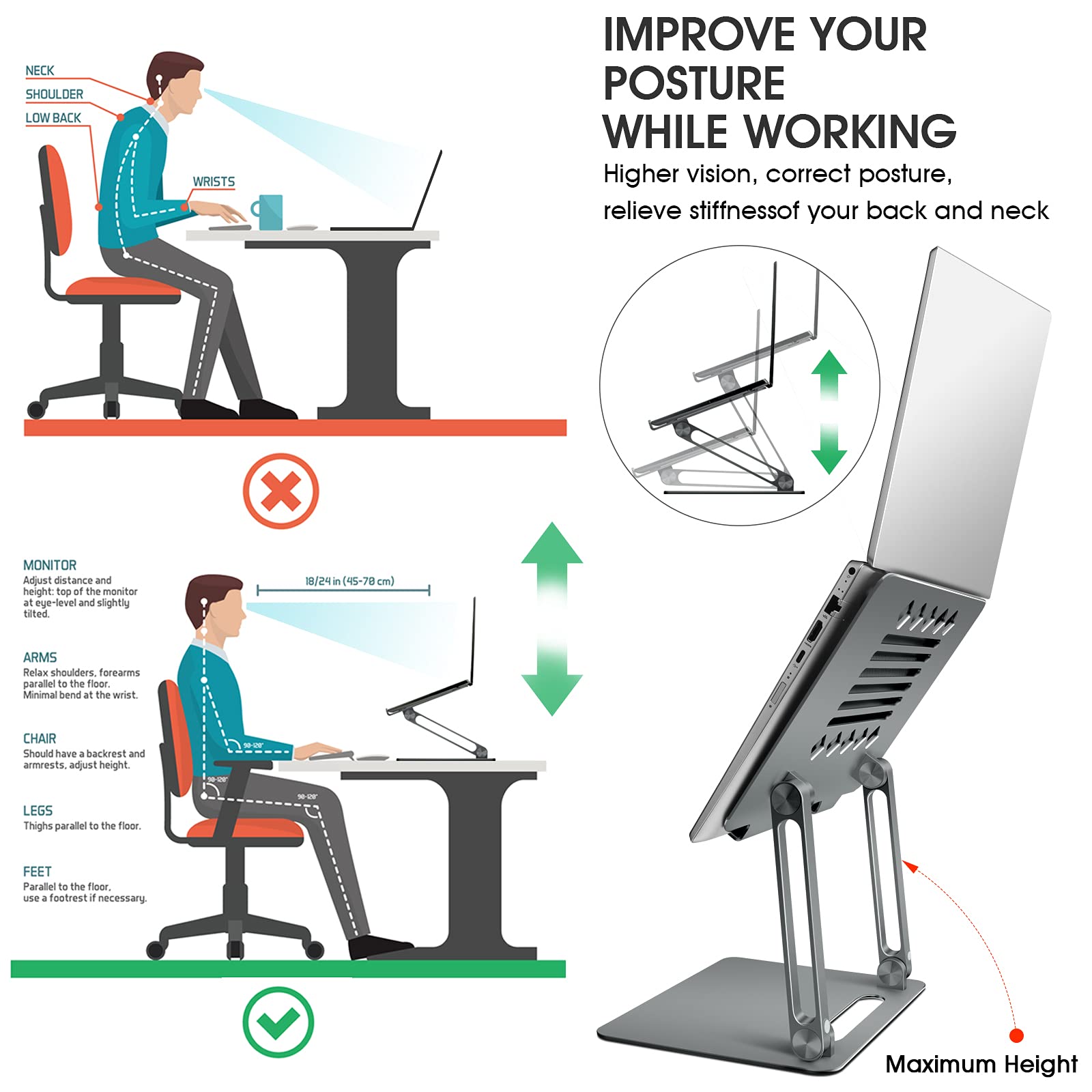 TUKTOBE Laptop Stand for Desk - Adjustable Height Laptop Holder, Aluminum Laptop Riser with Heat-Vent, Computer Stand Compatible with All HP, Dell, MacBook Laptop (Grey)